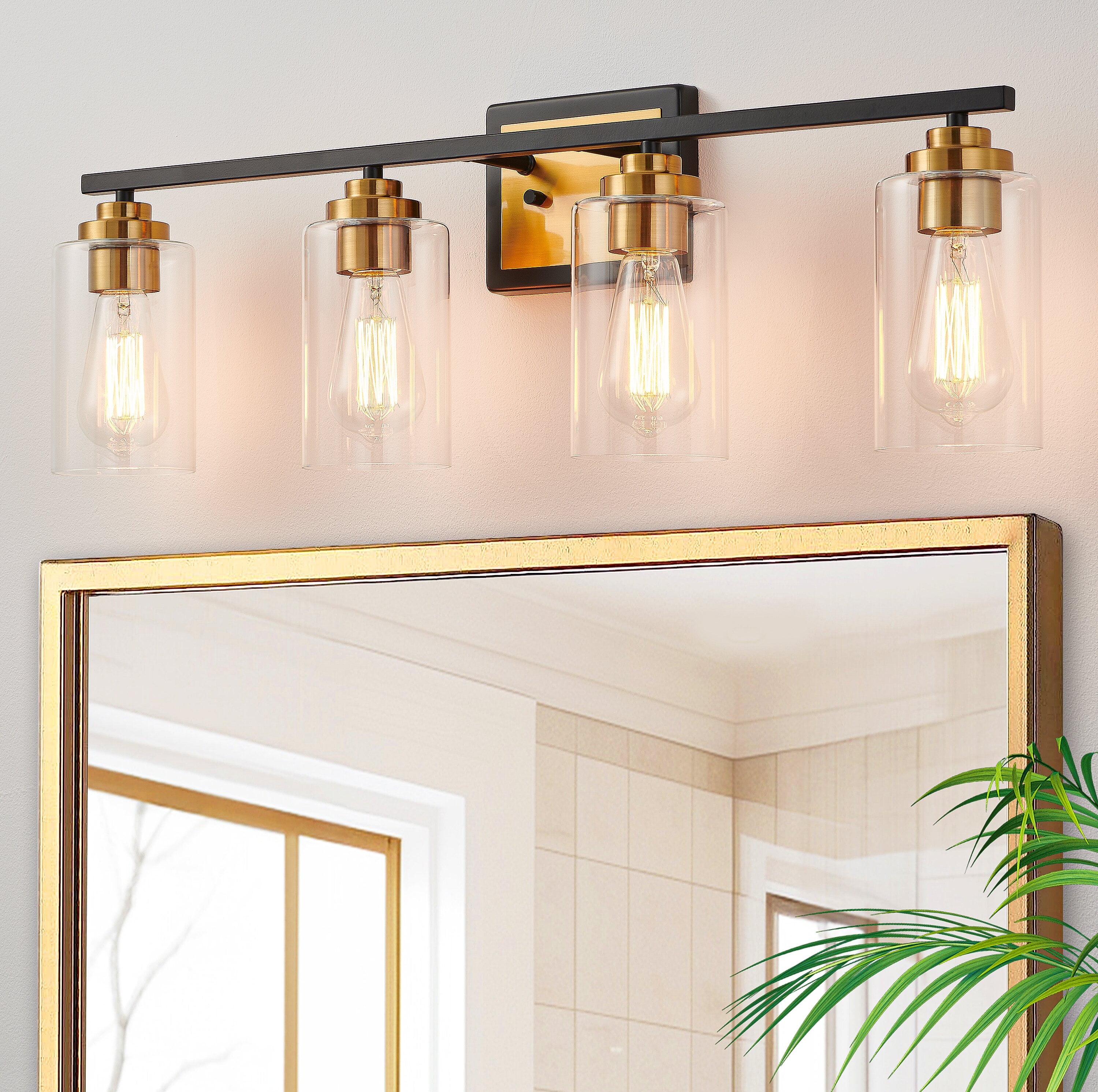 KAWOTI 30 in. 4-Light Black and Brass Vanity Light with Clear Glass ...