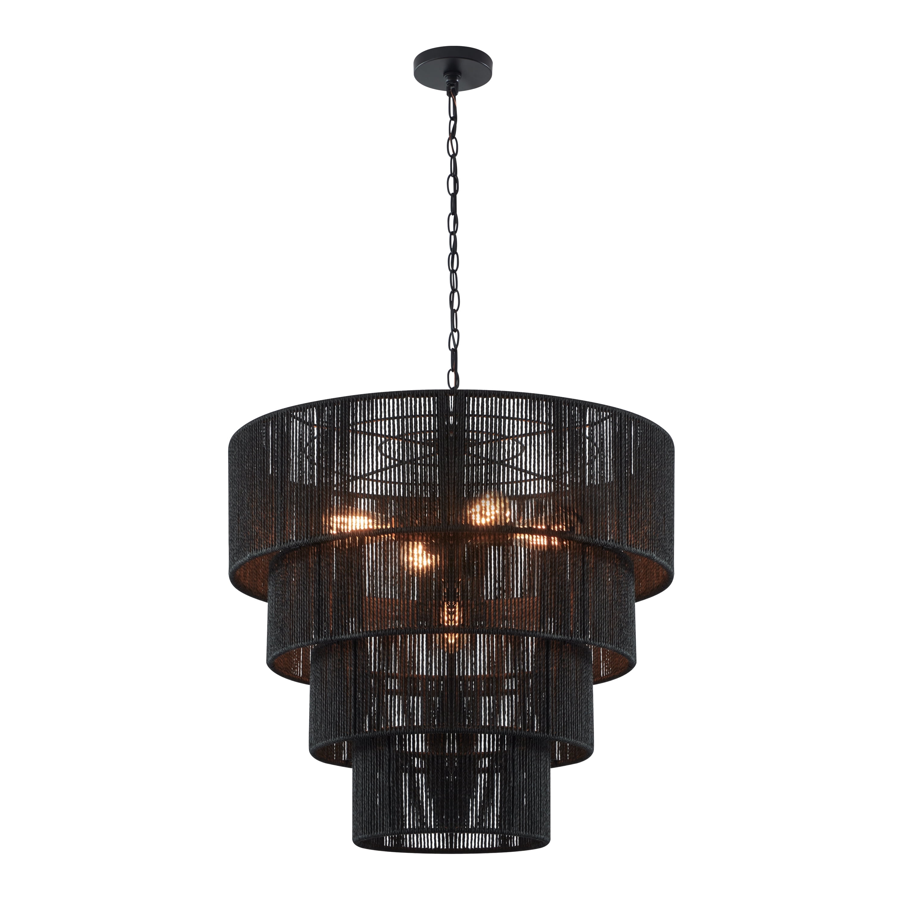 KAWOTI 5-Light Black Oversize 4-Tiered Pendant Light with Rattan Shade ...