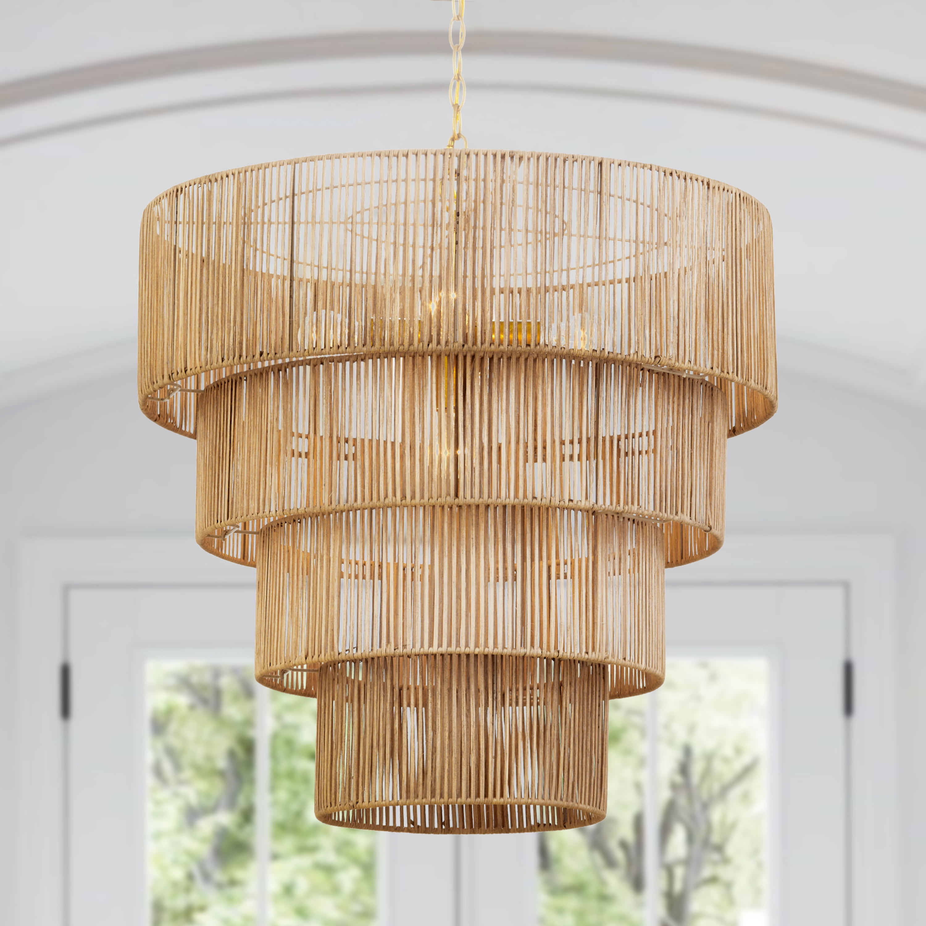 KAWOTI 5-Light Distressed Gold Oversize Pendant Light with Rattan Shade ...