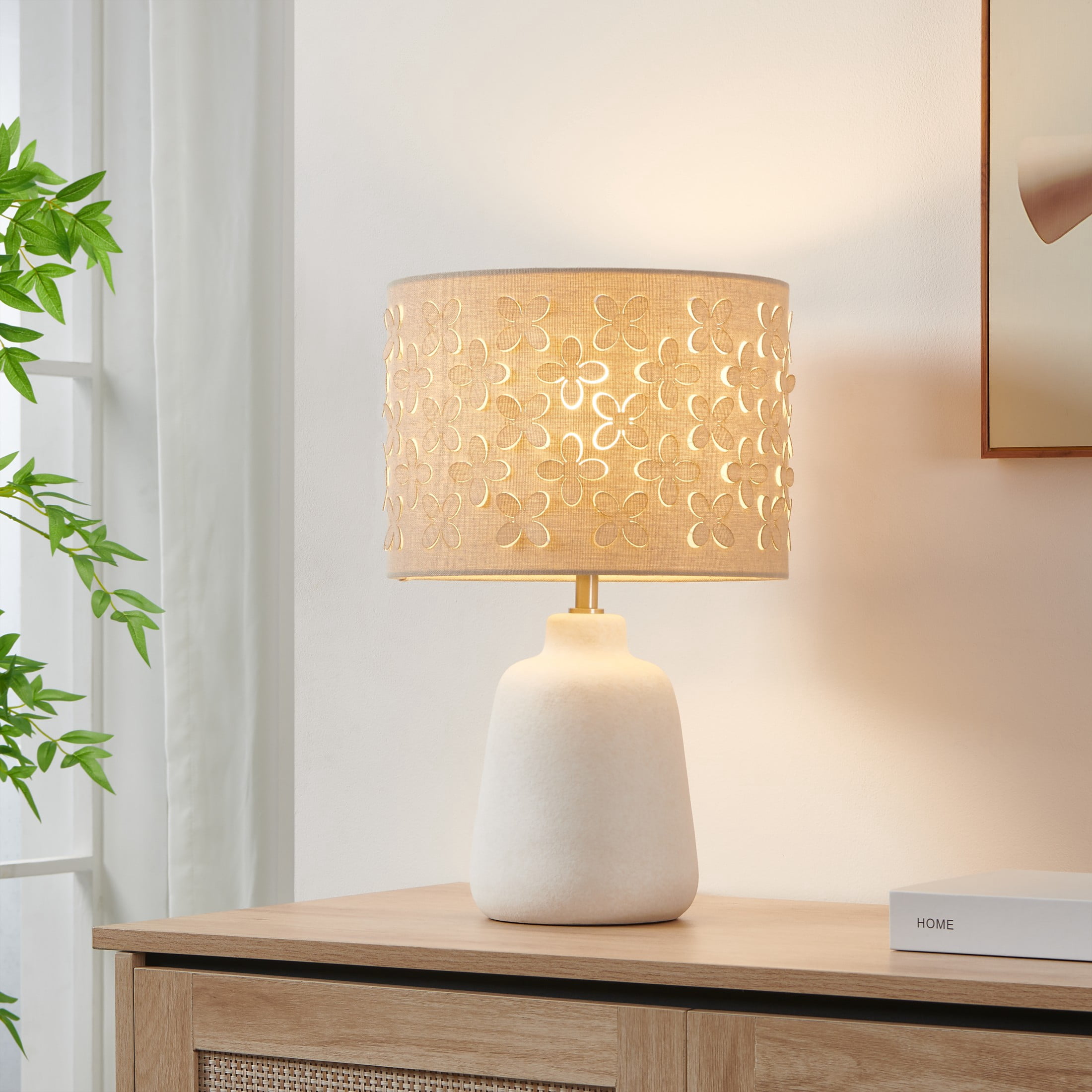 KAWOTI Modern White Ceramic Table Lamp with Floral Cutting Shade ...