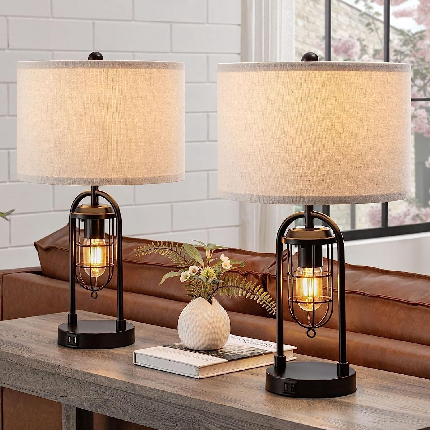 KAWOTI Set of 2 Farmhouse Table Lamps with USB Ports and Night Light ...