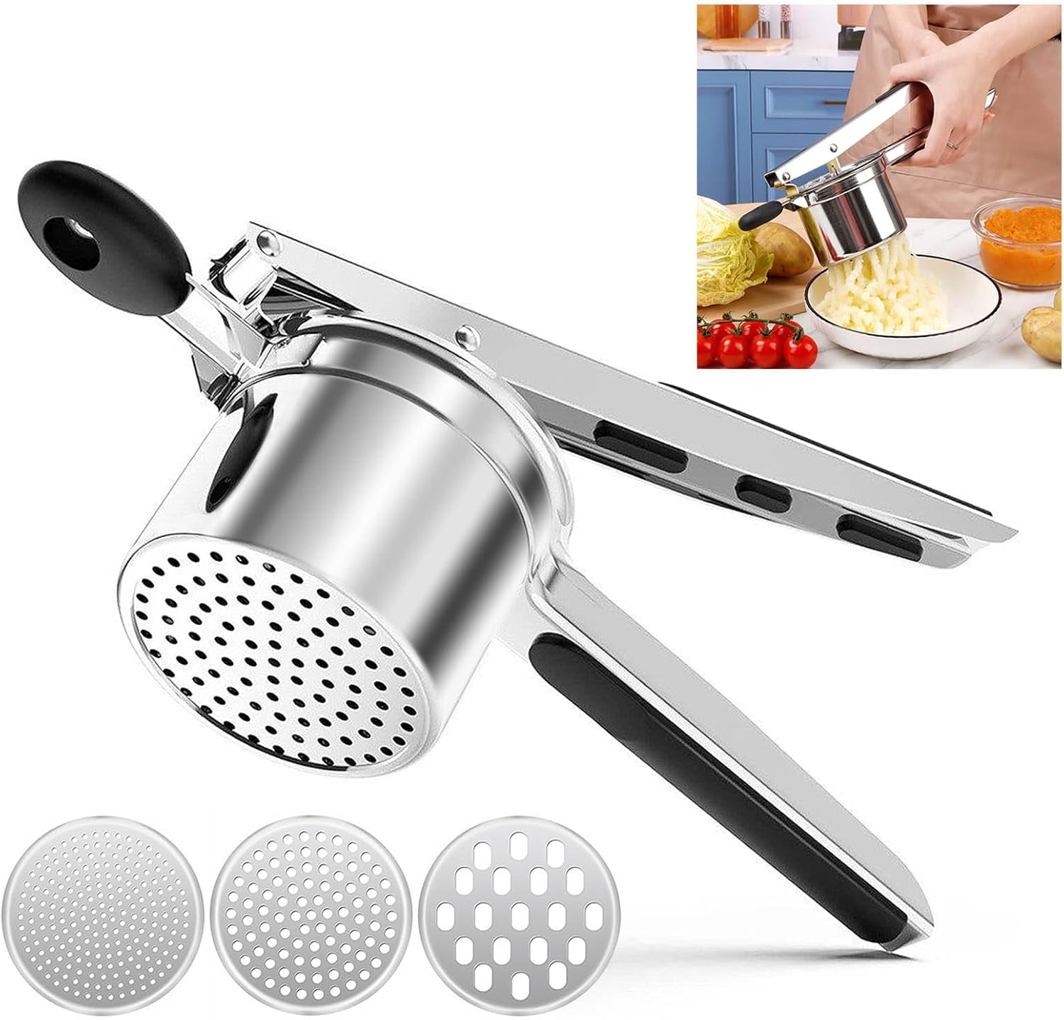 KAYCROWN Potato Ricer With 3 Discs, Heavy Duty Stainless Steel Potato ...