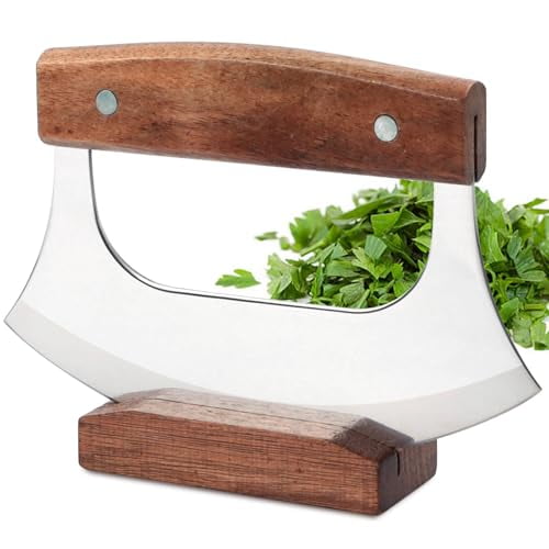 KAYCROWN Ulu Knife, Sharp Rocker Mezzaluna Knife with Wooden Stand ...