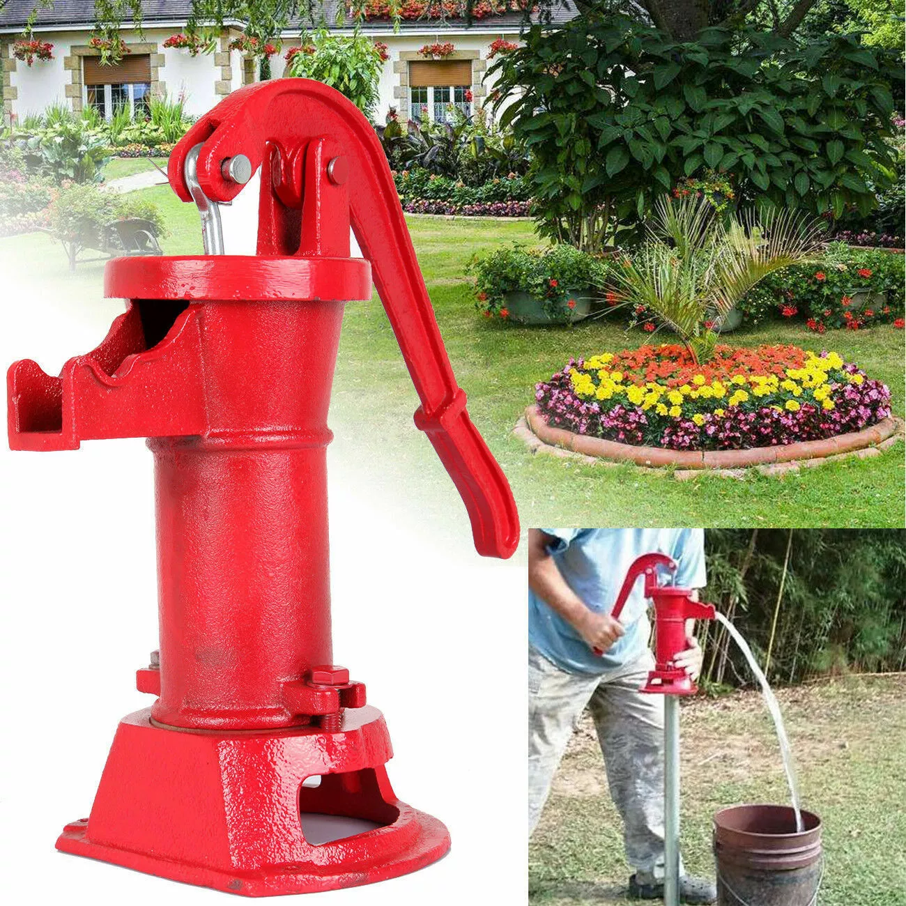 KAYESAMPRA Antique Pitcher Hand Well Pump Boost Fountain, Cast Iron Red ...