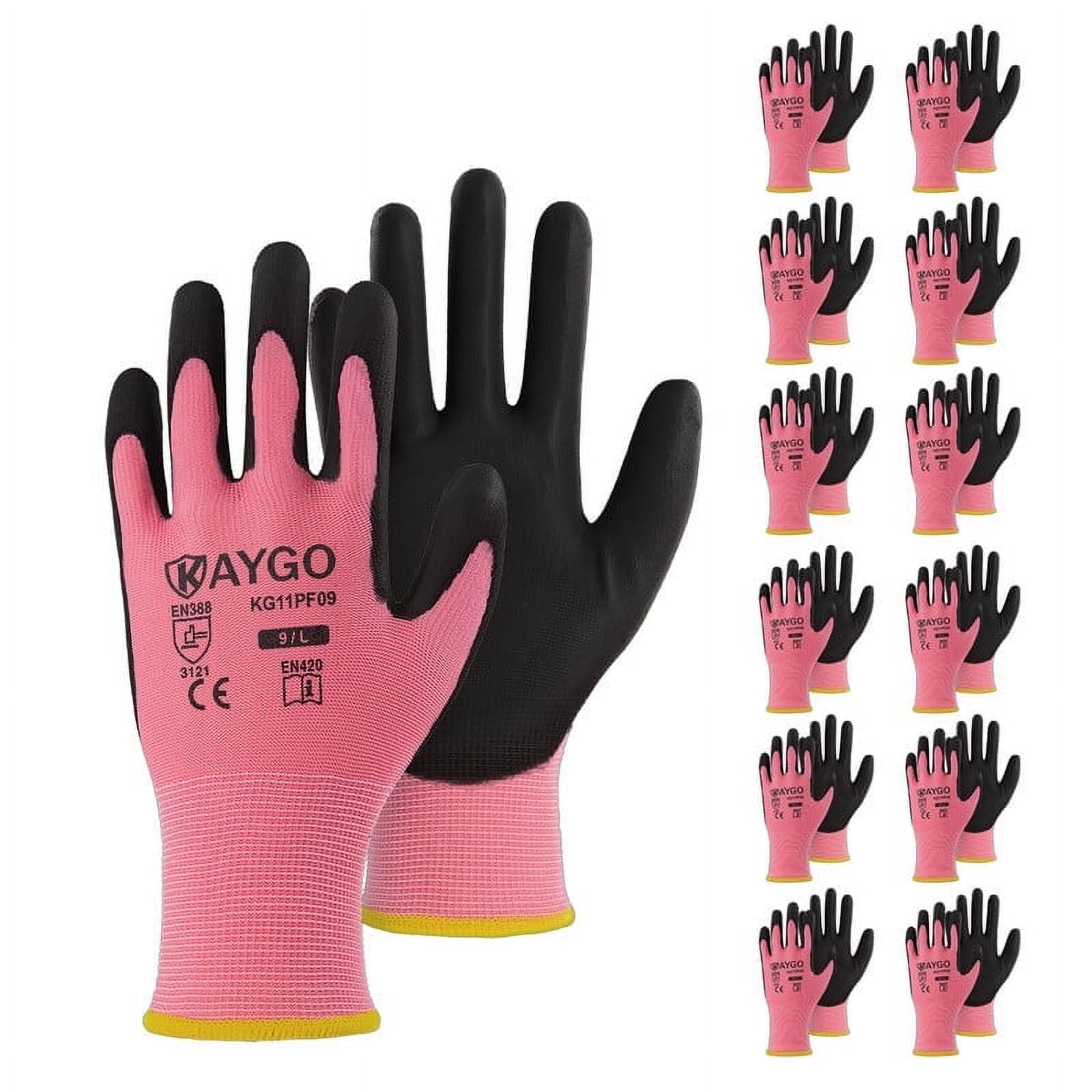 KAYGO Safety Work Gloves, 12 Pairs, PU Coated Seamless Knit Gloves for ...