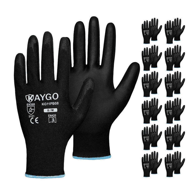 KAYGO Safety Work Gloves PU Coated-12 Pairs, KG11P, Seamless Knit Glove with Polyurethane Coated ...