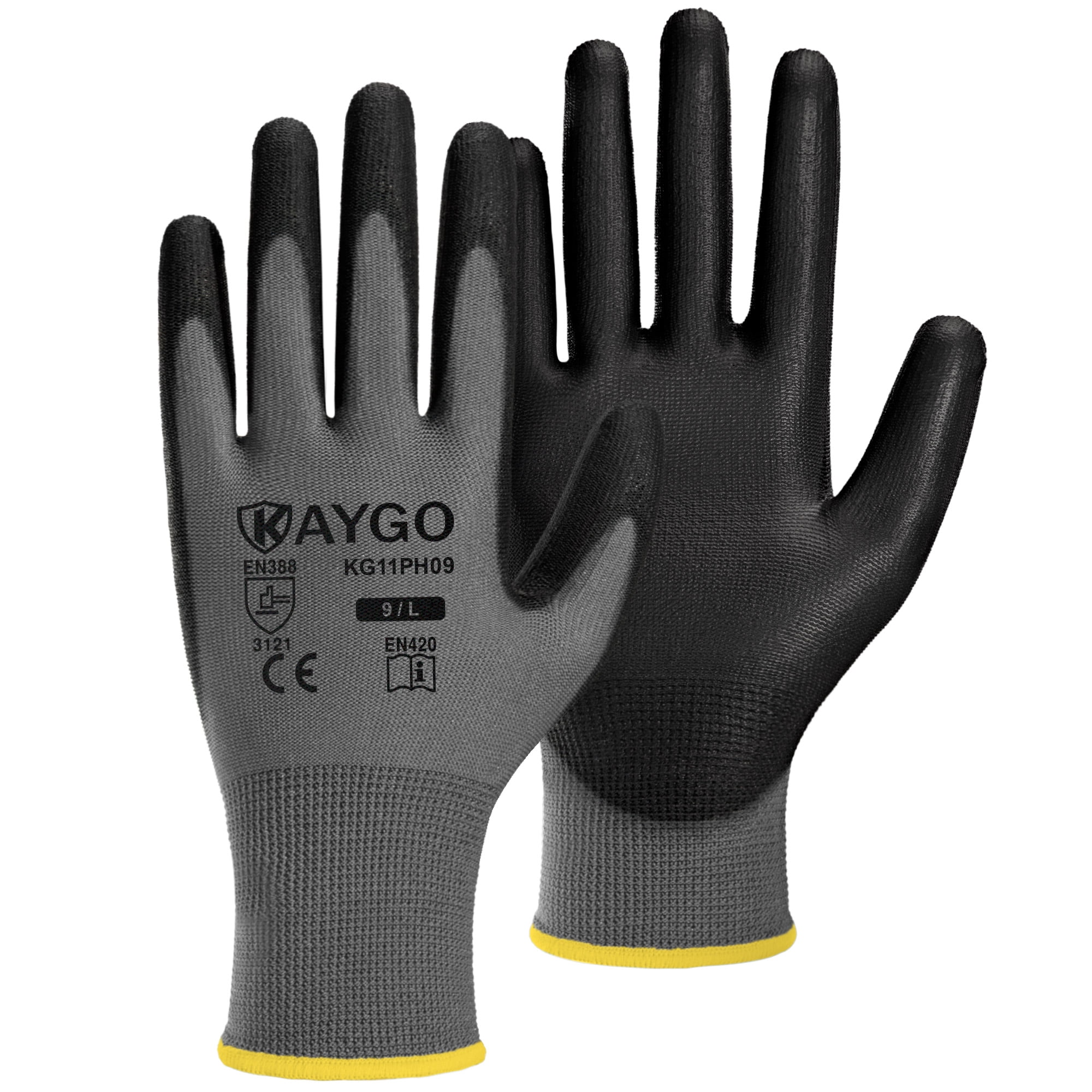 KAYGO Safety Work Gloves PU Coated-12 Pairs, KG11P, Seamless Knit Glove ...