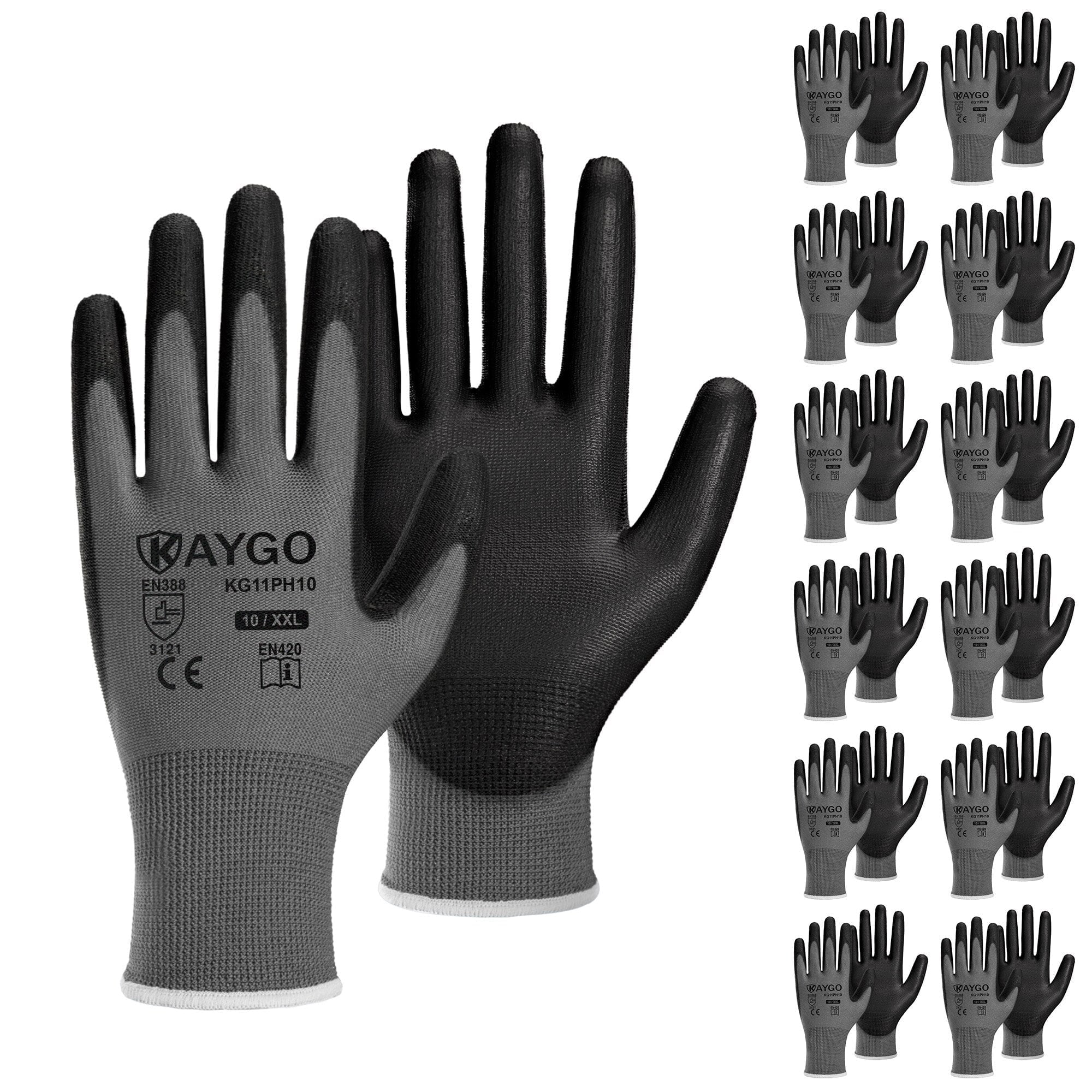 KAYGO Safety Work Gloves, 12 Pairs, PU Coated Seamless Knit Gloves for ...