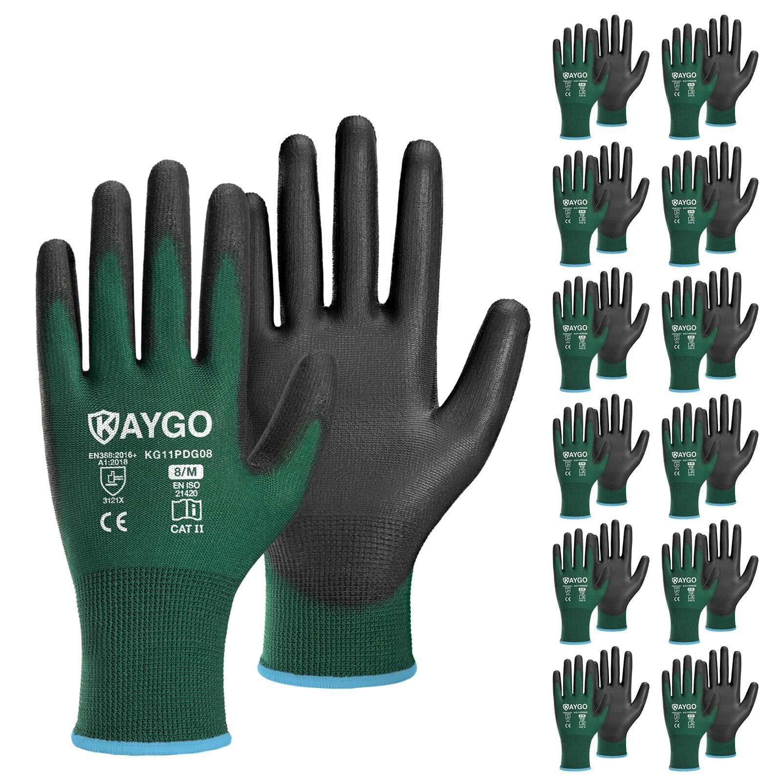 KAYGO Safety Work Gloves, 12 Pairs, PU Coated Seamless Knit Gloves for ...