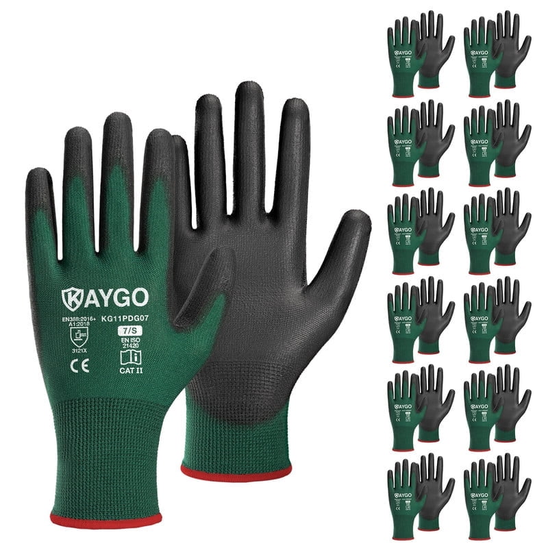 KAYGO Safety Work Gloves PU Coated-12 Pairs, KG11PB, Seamless Knit ...