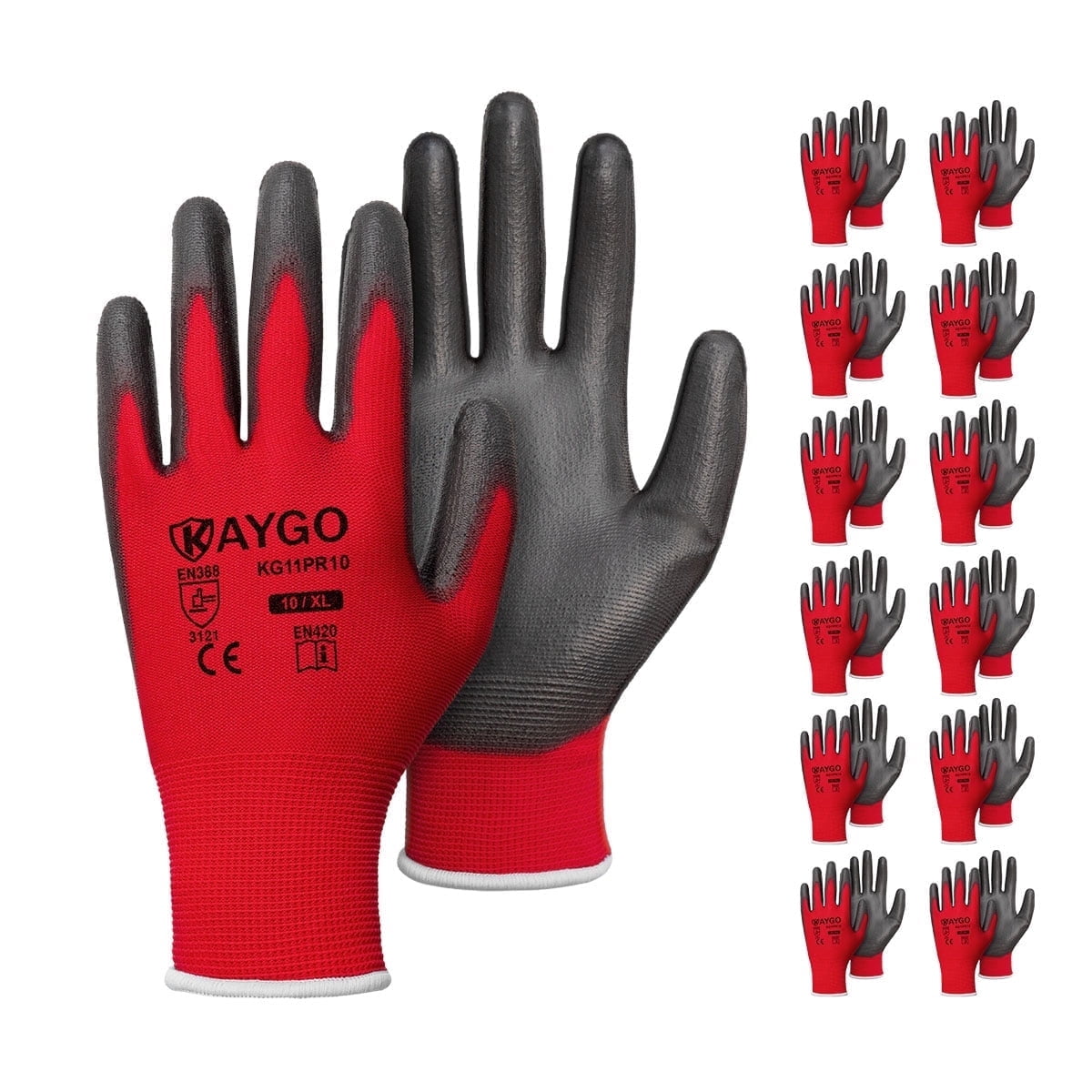KAYGO Safety Work Gloves PU Coated-12 Pairs Seamless Knit Glove with ...