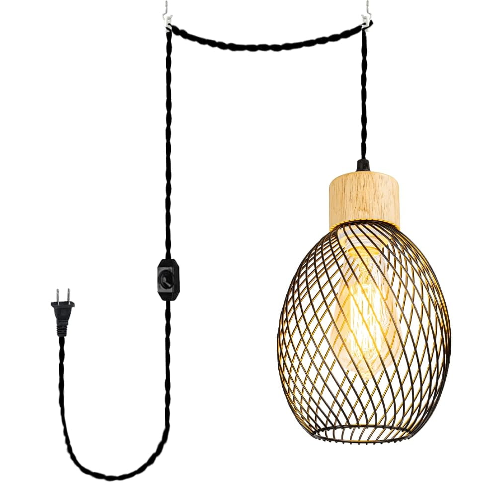 KAYYELAMP 15ft Dimmable Switch Plug Cord Pendant Light Wood Base Black ...