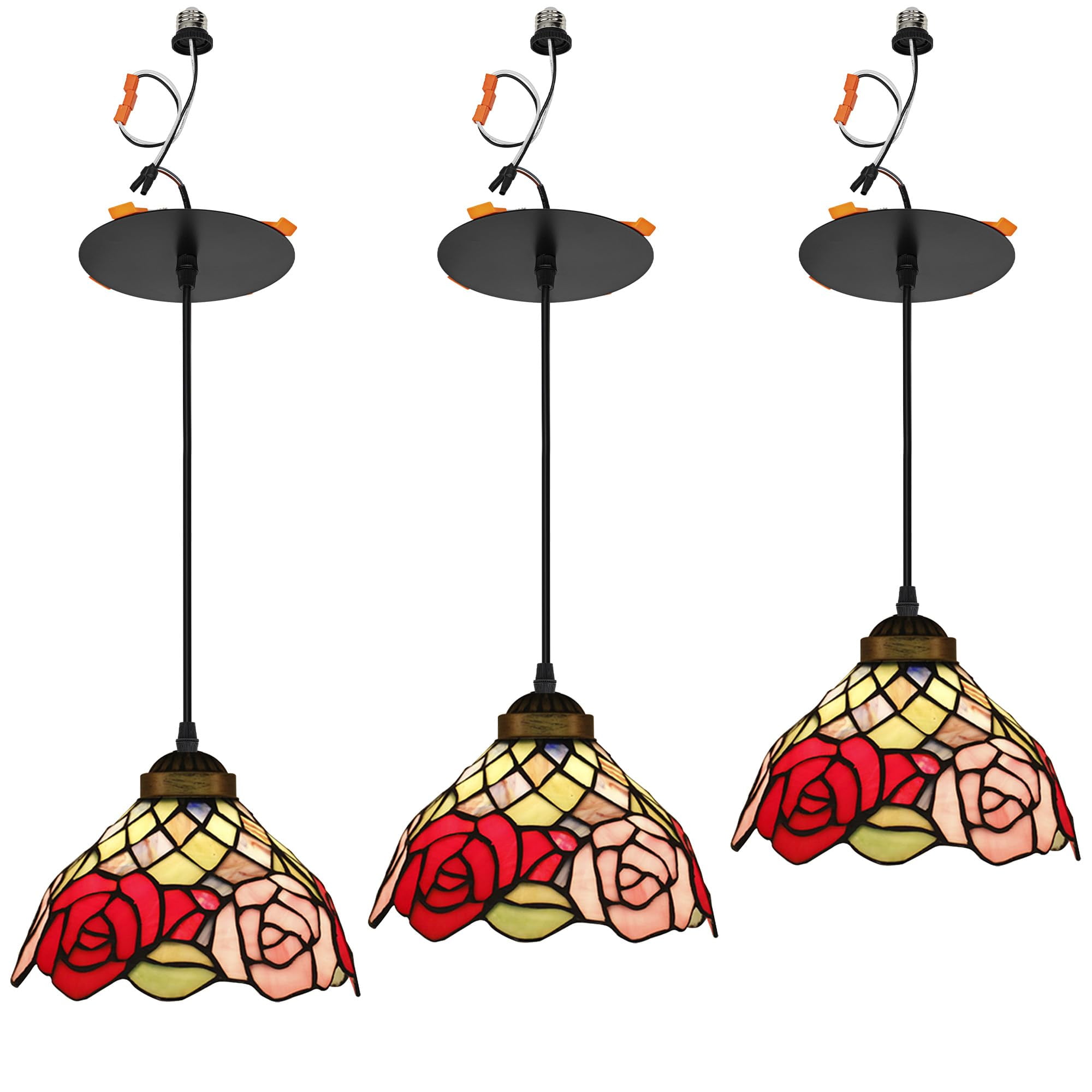 KAYYELAMP 3 Lights Red/Pink Rose Pattern Glass Shade Handmade Recessed ...