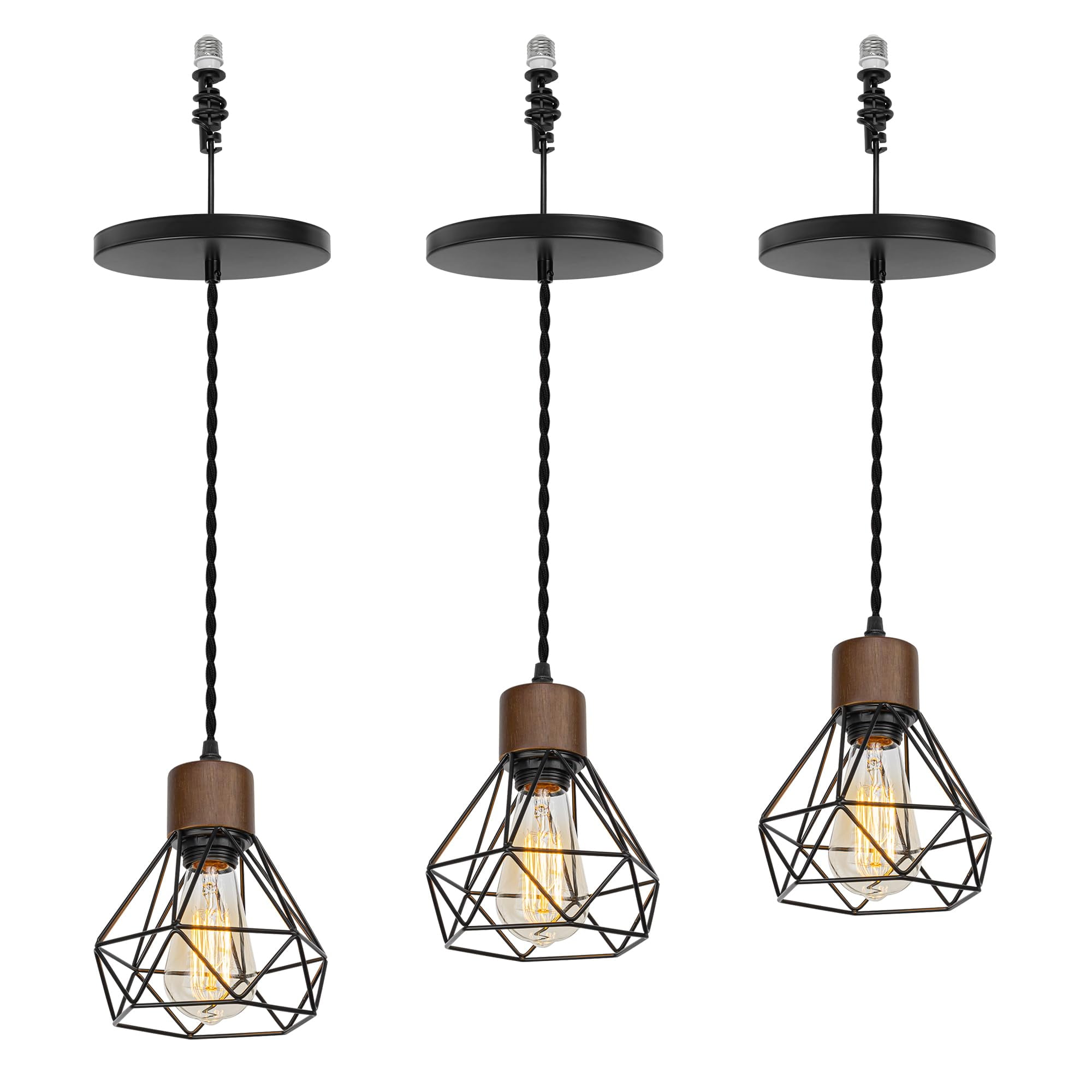 KAYYELAMP 3-Pack Hanging Light E26 Walnut Base Black Metal Cage Shade ...