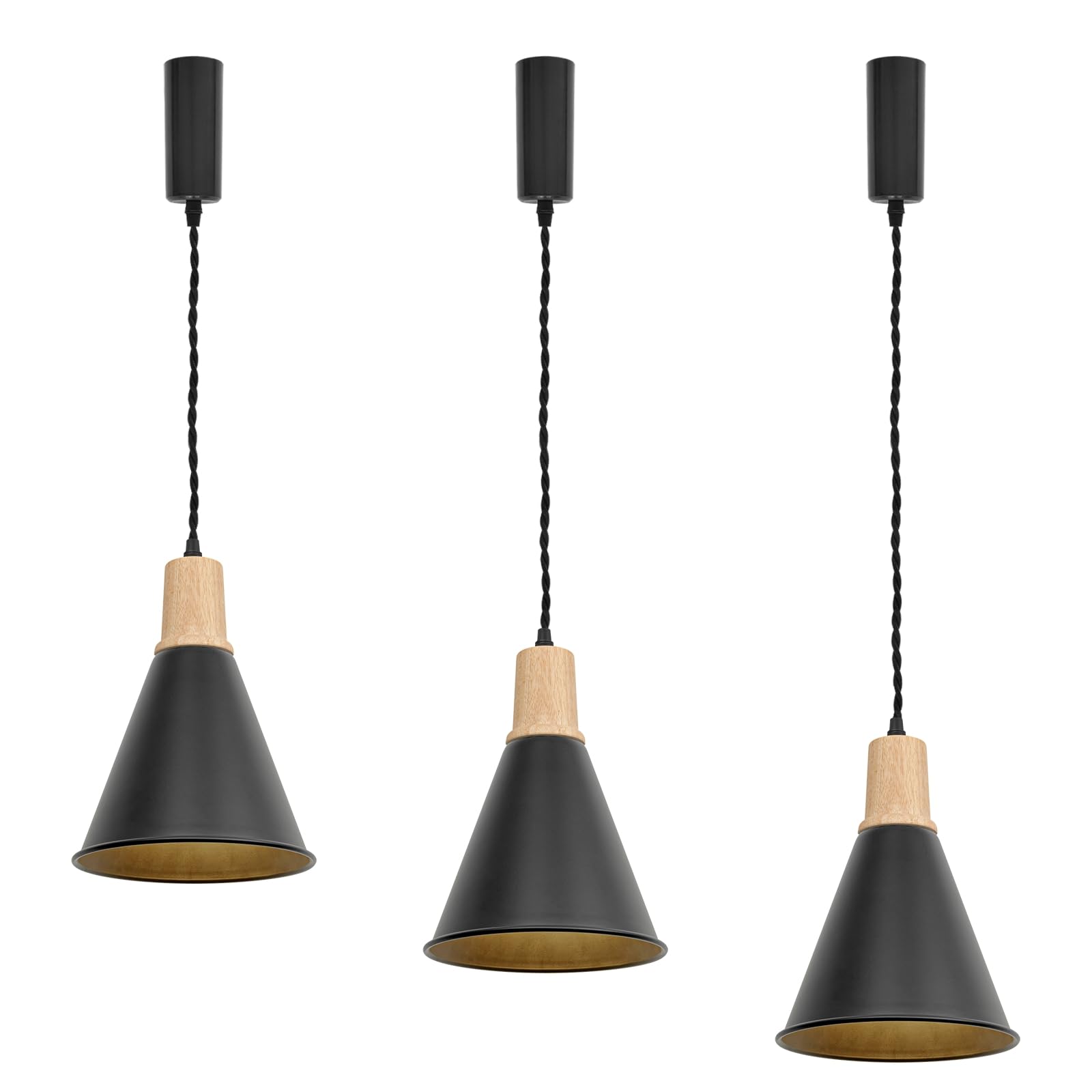 KAYYELAMP 3-Pack Wooden Base Black Cone Shade Metal L-Type Track Light ...