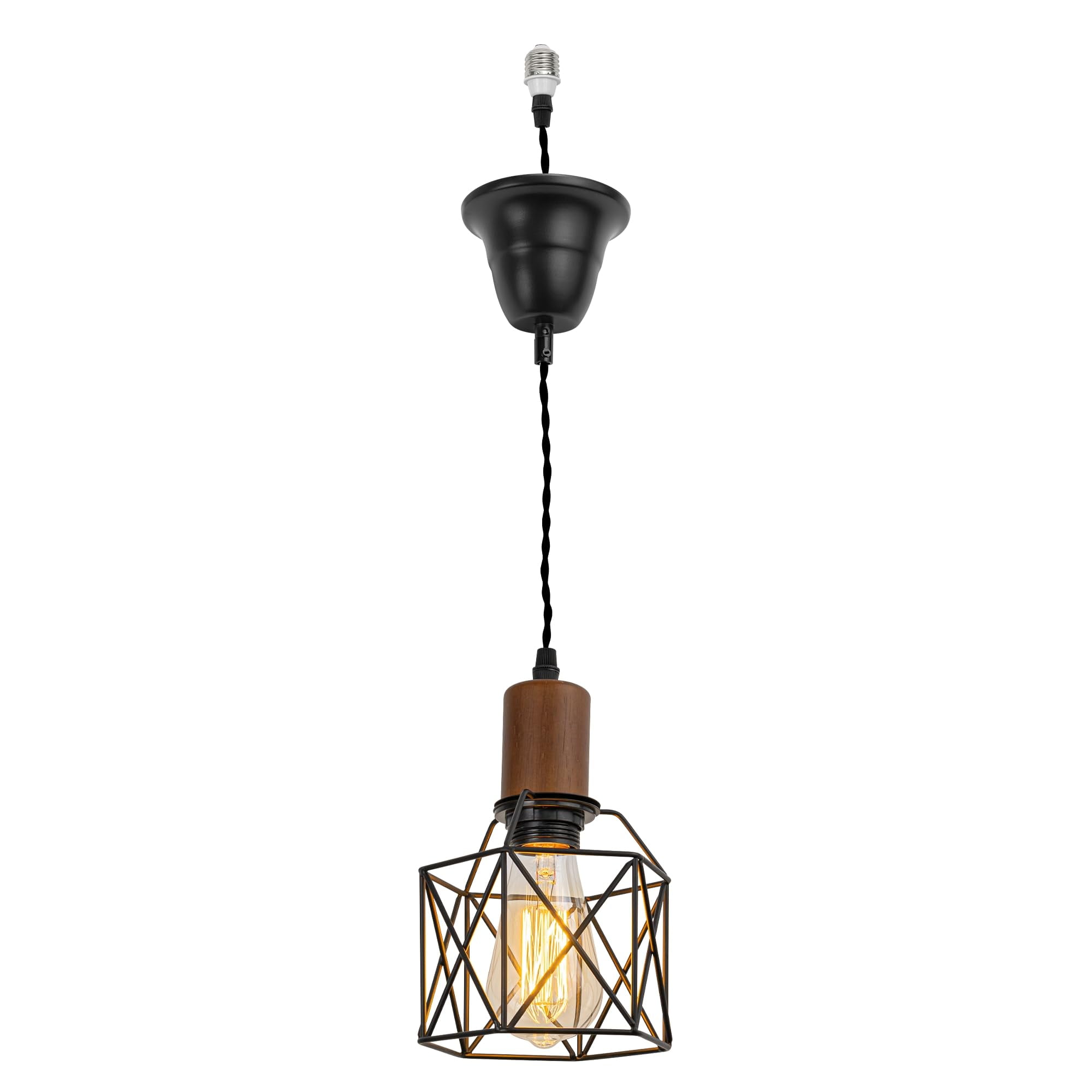 KAYYELAMP Hanging Light Vintage Design Walnut Base Black Hollow Cage ...