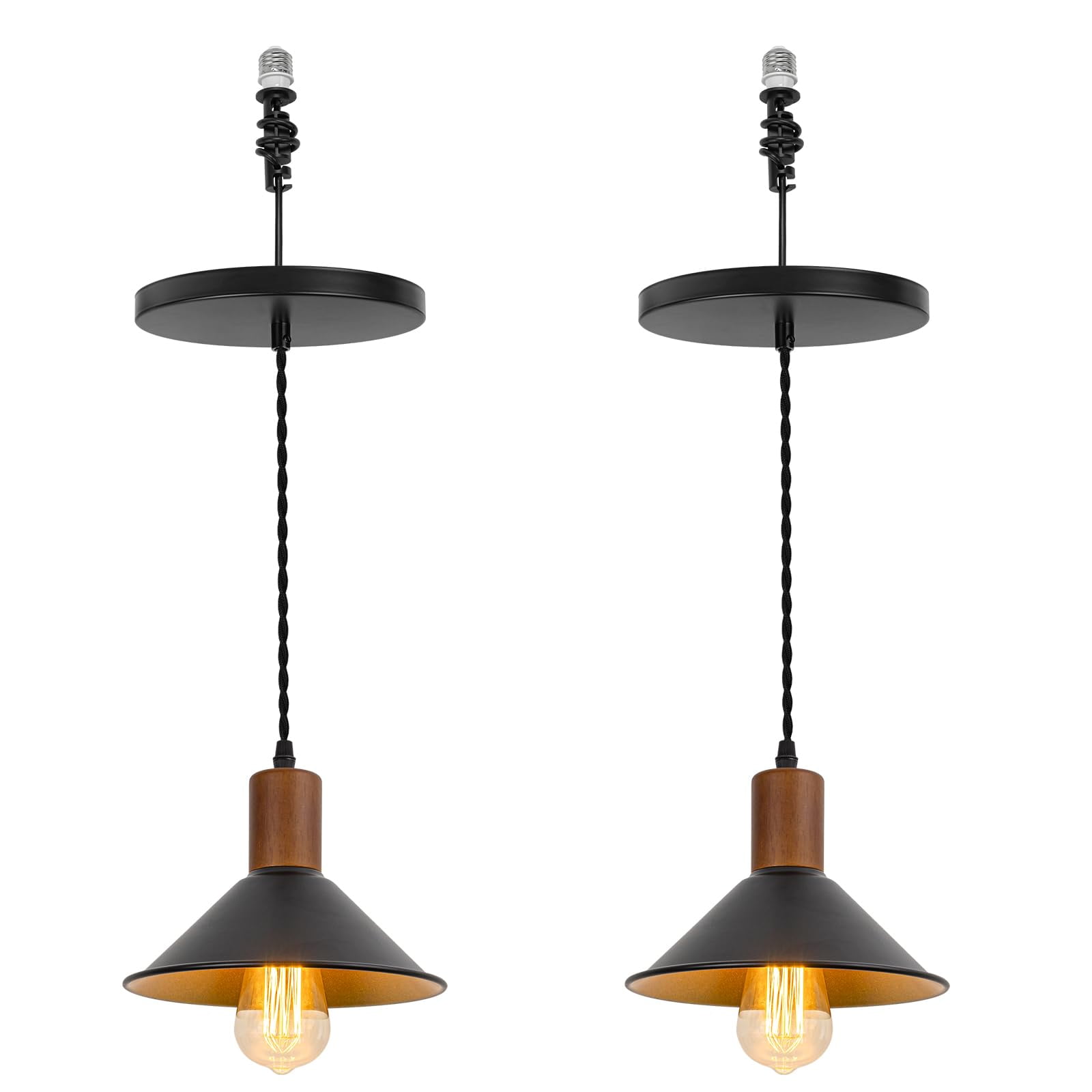 KAYYELAMP Two Hanging Light Walnut Base Gold Inner Black Outer Shade ...