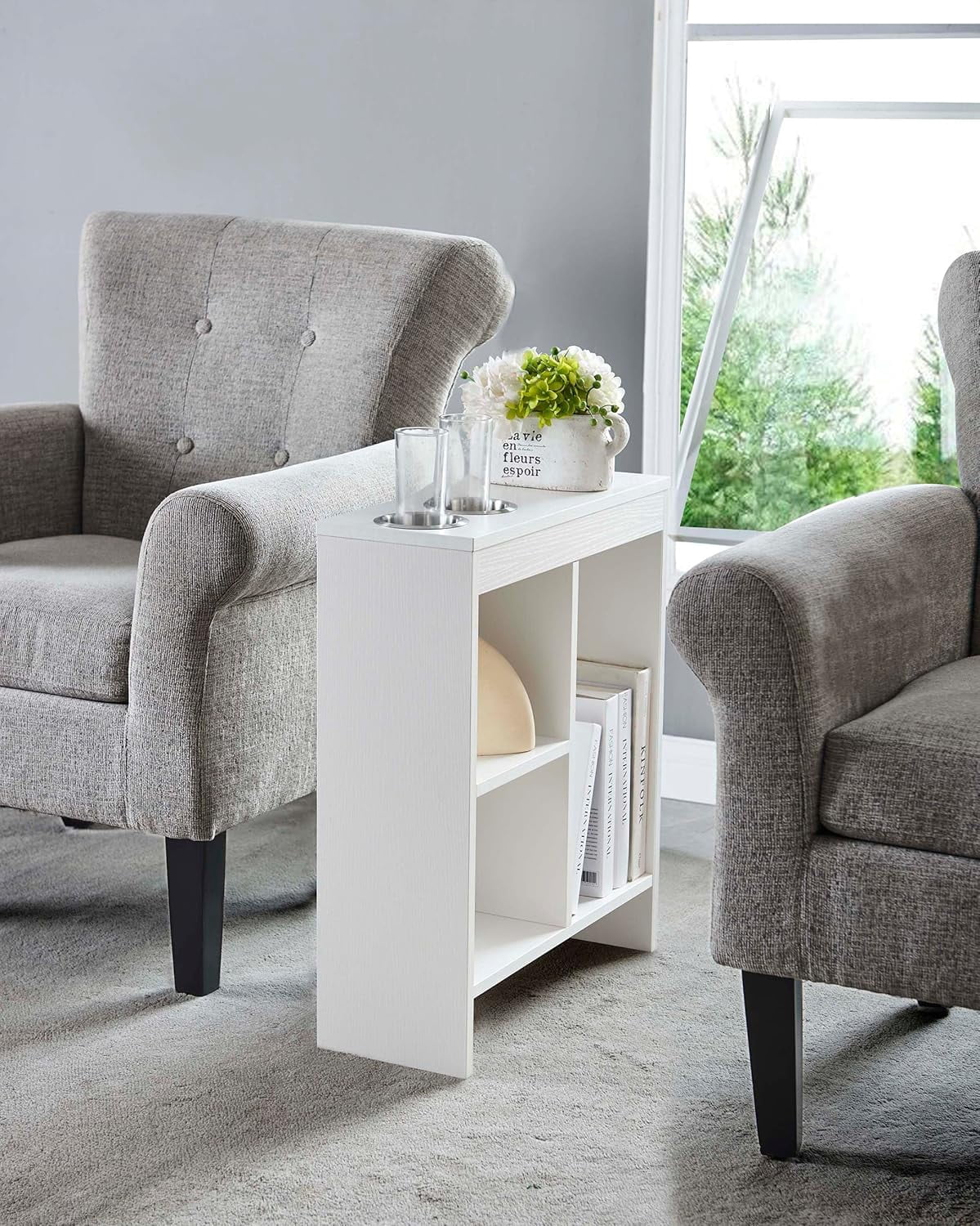 KB Designs - White Wood Slim Side Sofa End Table with Cup Holders and ...