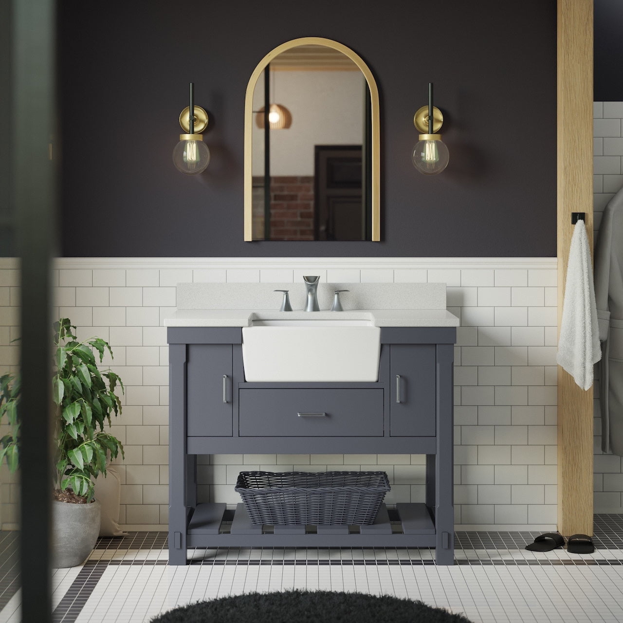 KBC Charlotte 42" Solid Wood Farmhouse Vanity w/ Quartz Stone in Marine ...