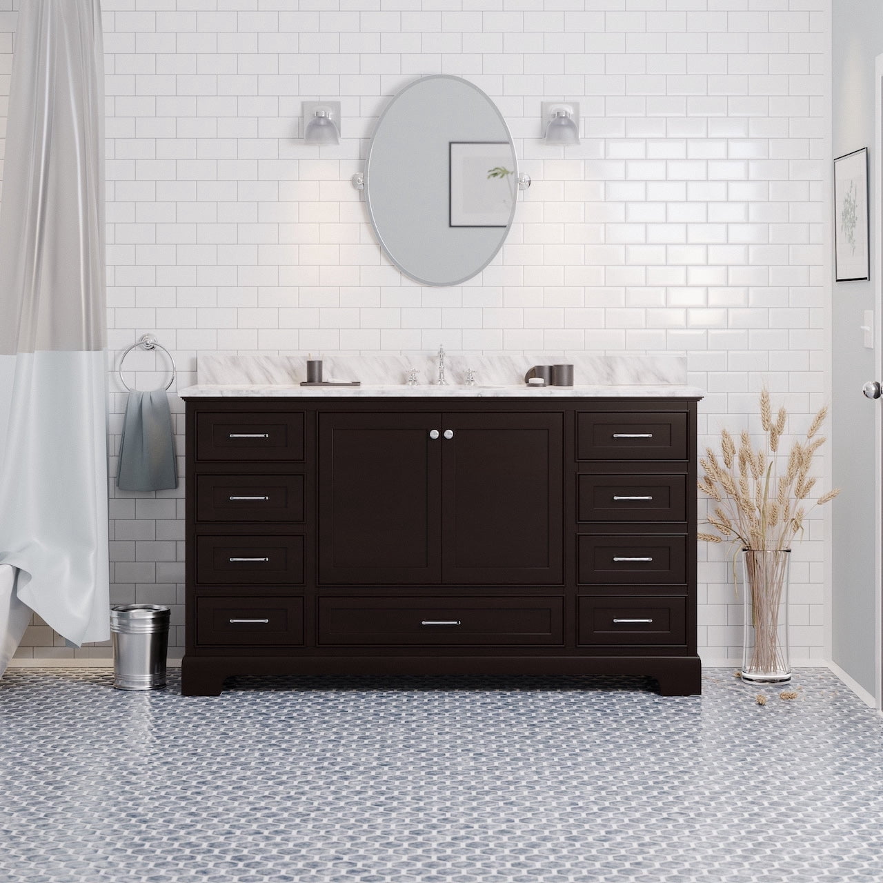 KBC Harper 60" Solid Wood Single Bathroom Vanity w/ Carrara Stone in ...