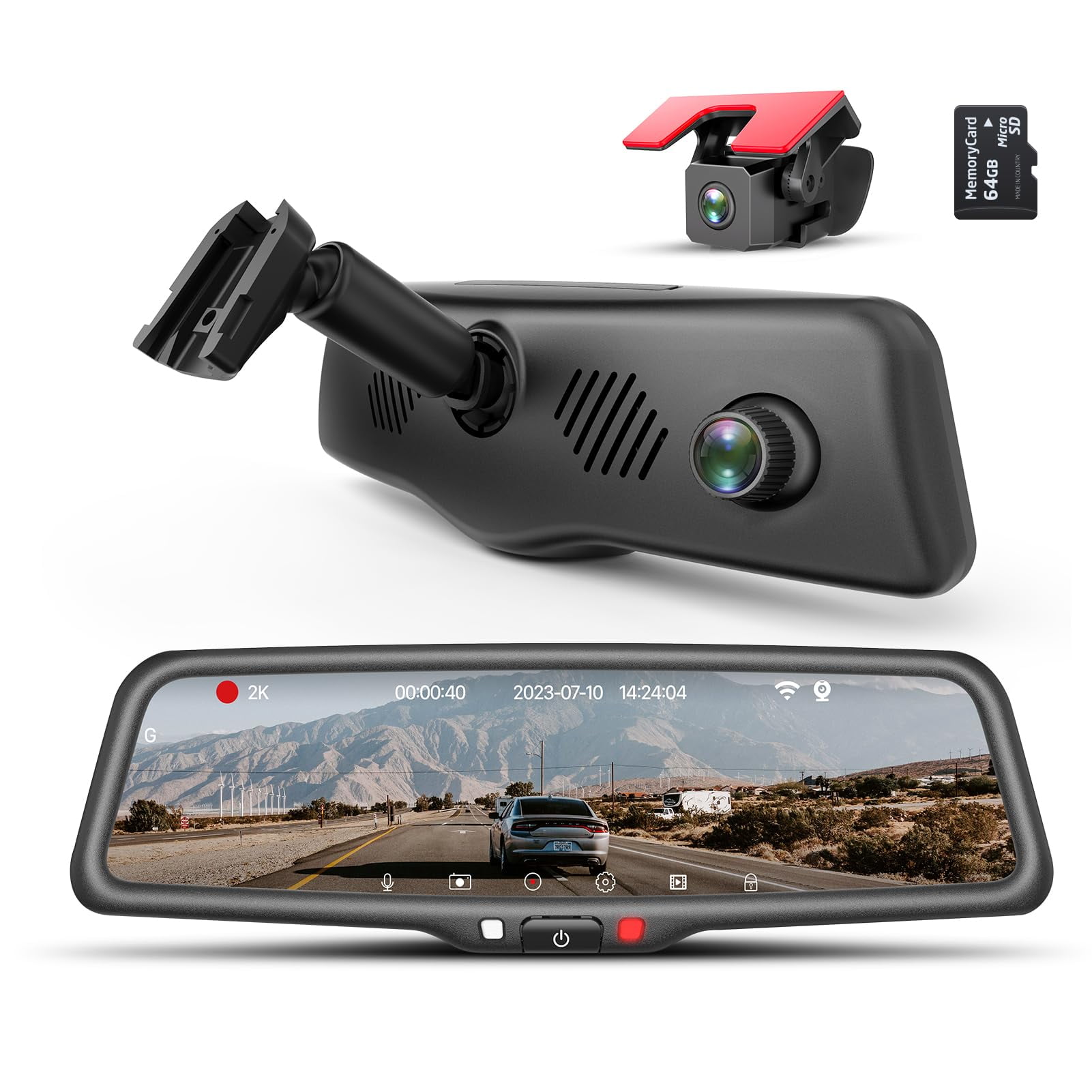 KBD Car Mirror Dash Cam, 2K Front and 1080P Rear Dual Channel 9.66 Inch ...