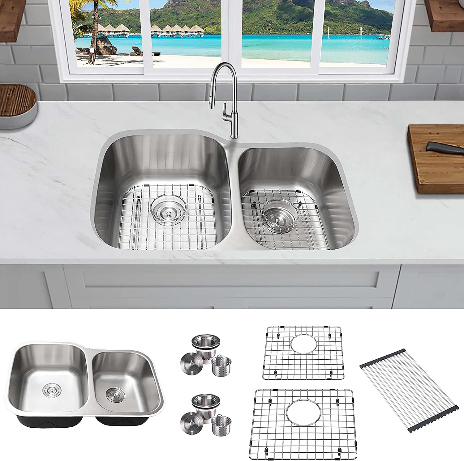 KBFmore 32 inch 16 Gauge Rust Resistant Classic Kitchen Sink, 60/40 ...