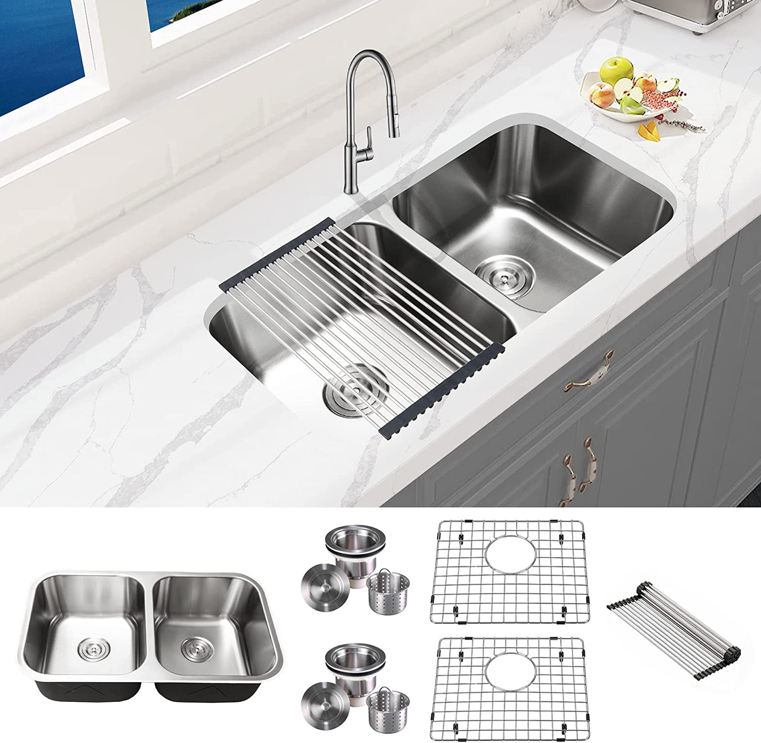 KBFmore 32 inch 50/50 Double Equal Bowl Stainless Steel Classic Kitchen ...