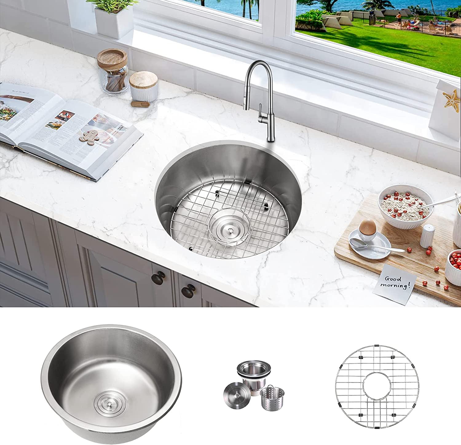 KBFmore Classic 18 inch 18 Gauge Round Undermount Single Bowl Kitchen ...