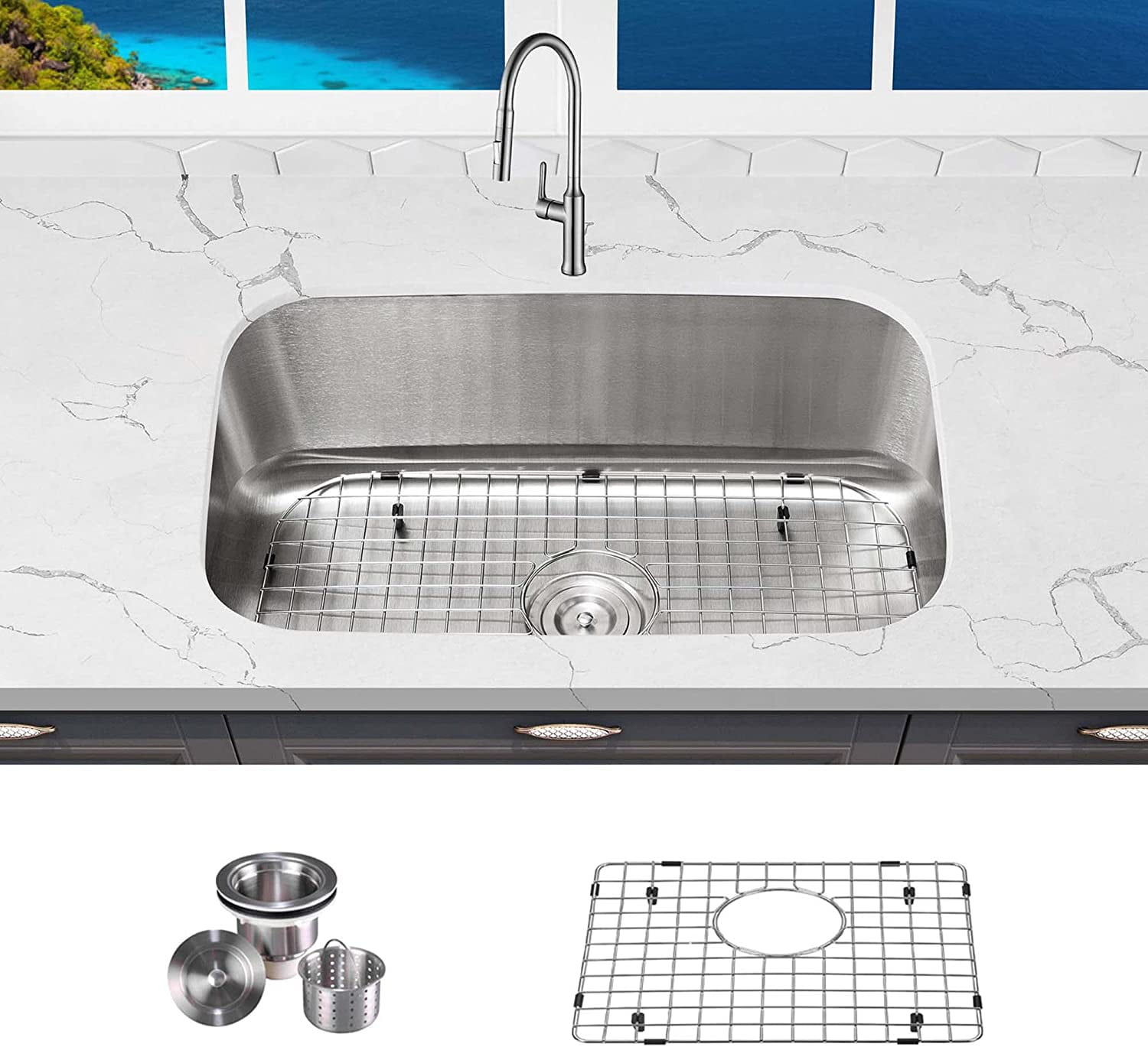KBFmore Classic 30 Inch 16 Gauge Undermount Single Bowl Stainless Steel Kitchen Sink with ...