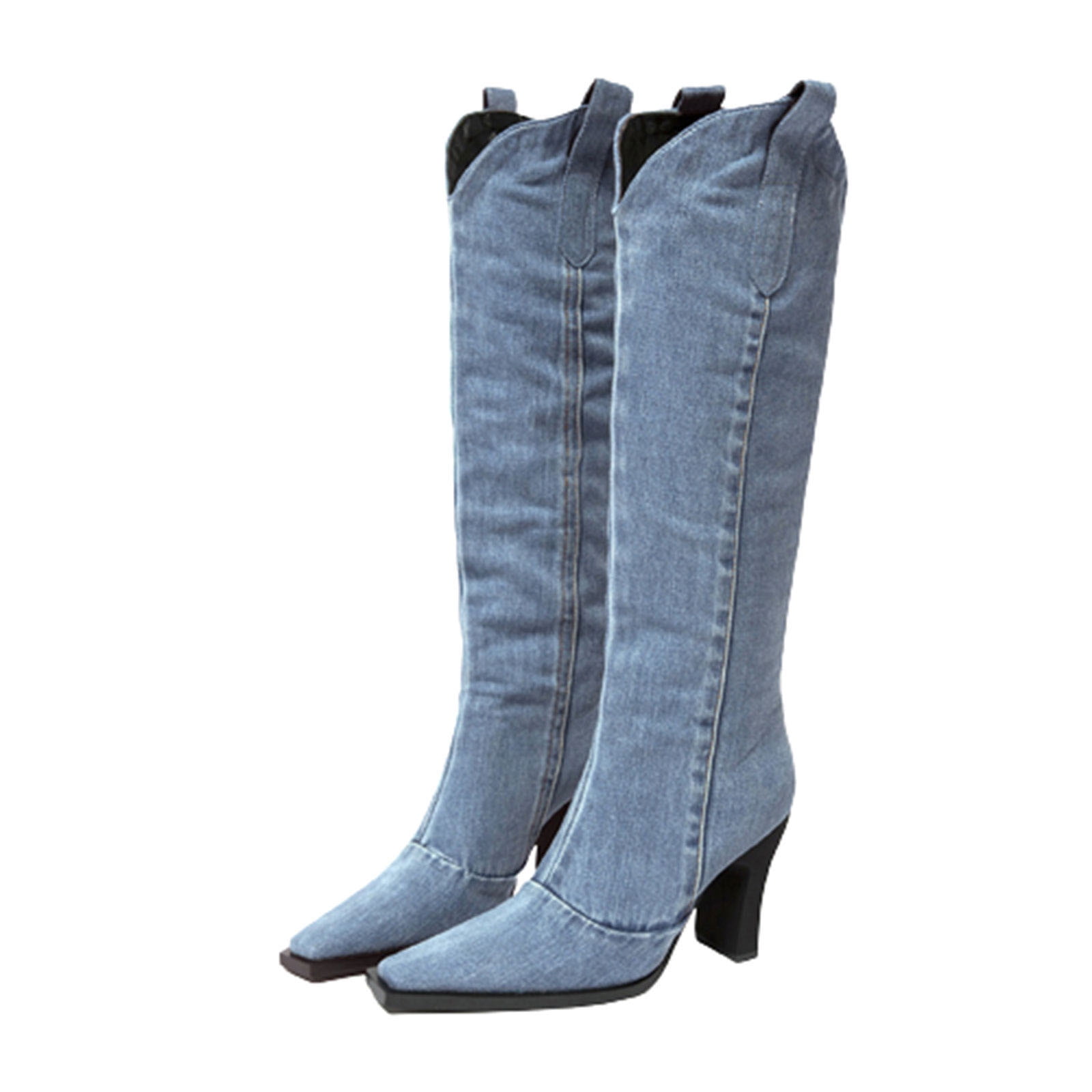 KBKYBUYZ Long Boots Women's Thick Heel Square Toe Denim Comfy Boots ...