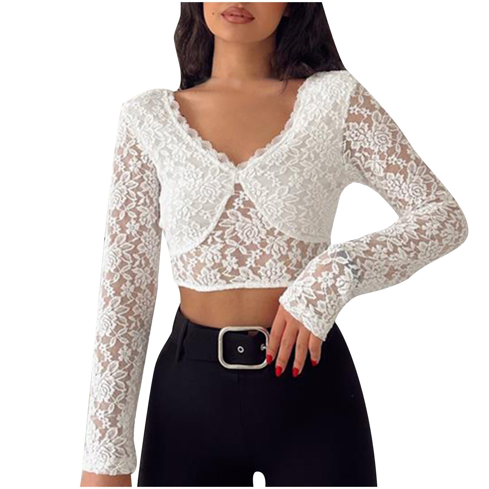 KBKYBUYZ Long Sleeve Tops for Women Lace V-Neck Short T-Shirt Women Hot ...