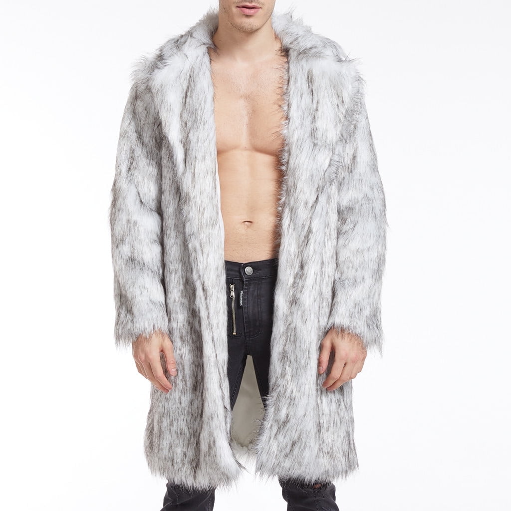KBKYBUYZ Men's Winter Faux Fox-Fur Long Coat with Turn-Down Collar ...