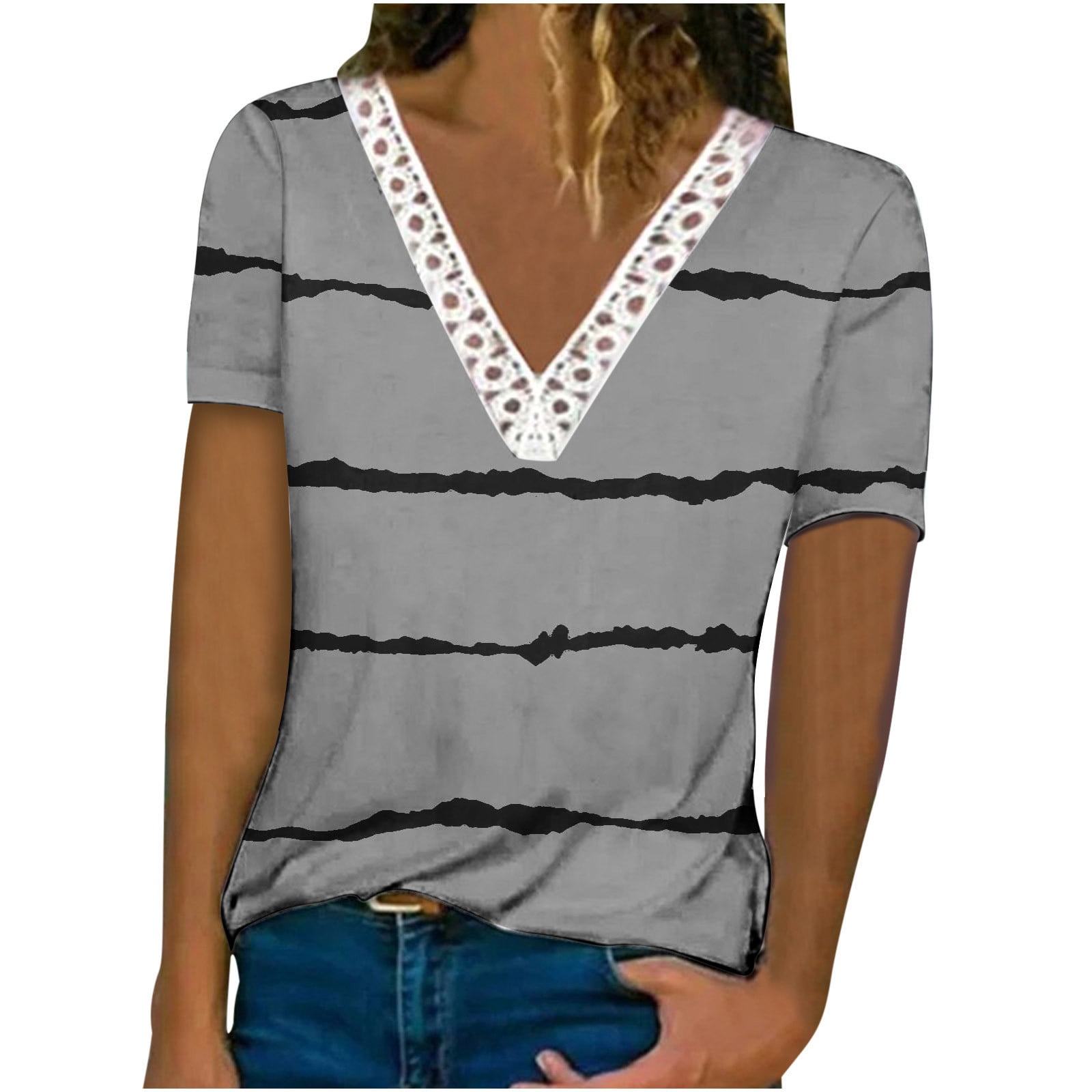 KBKYBUYZ Top For Women'S V-Neck Short Sleeve Summer Top Lace T-Shirt ...