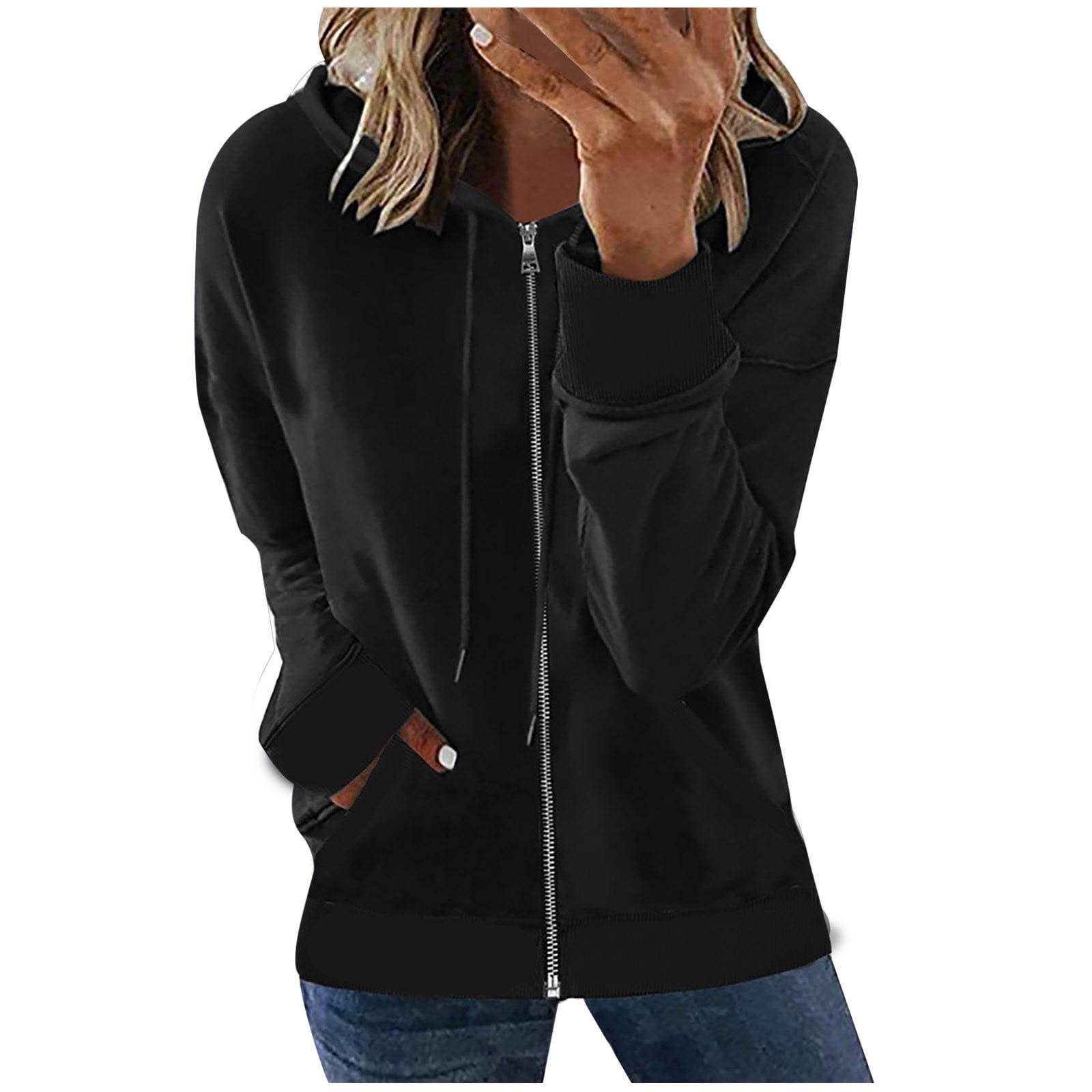 KBKYBUYZ Women Casual Solid Hooded Long Sleeve Zipper Drawstring Shirts ...