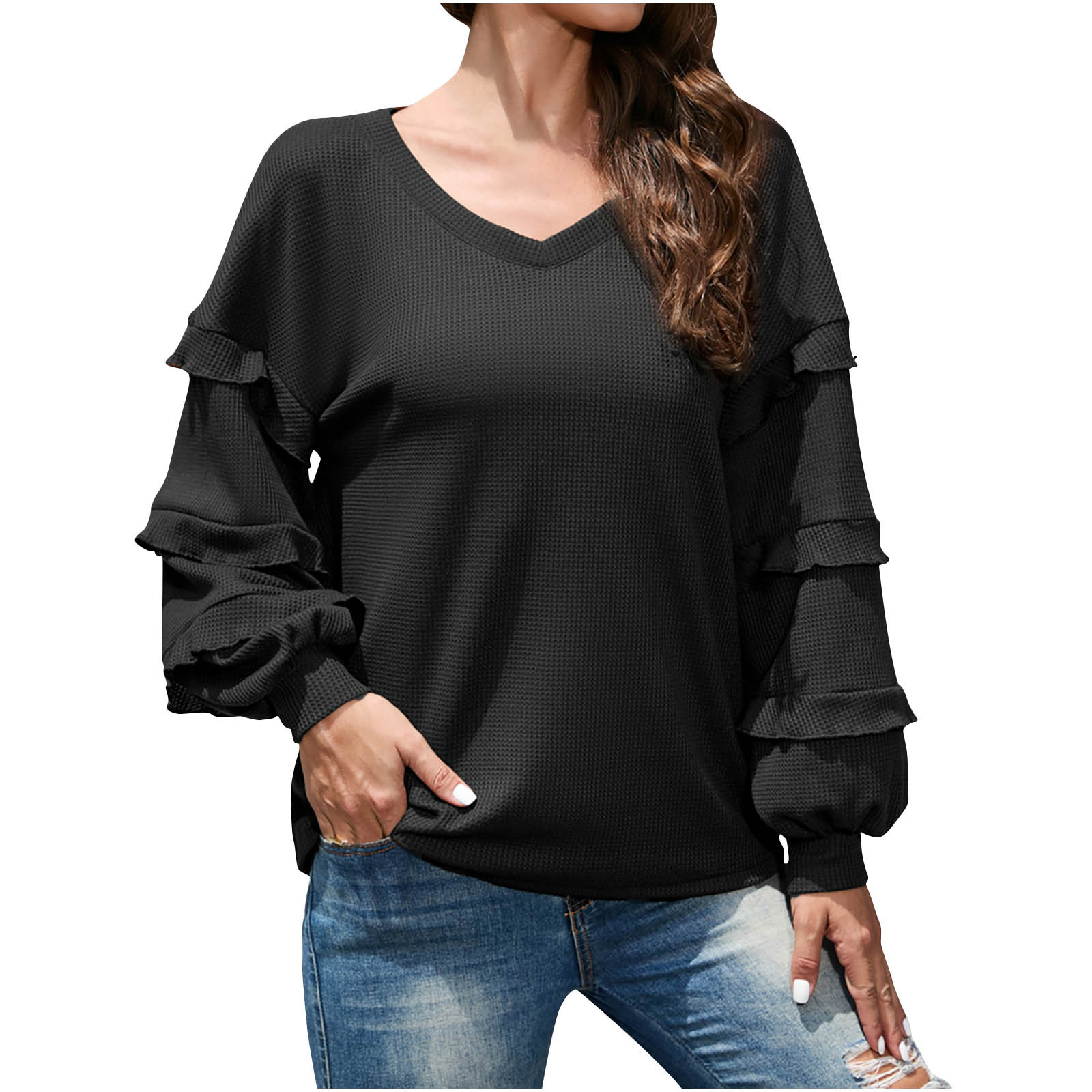 KBKYBUYZ Women's Solid Color Top Long Sleeve V-neck Bubble Sleeve T ...