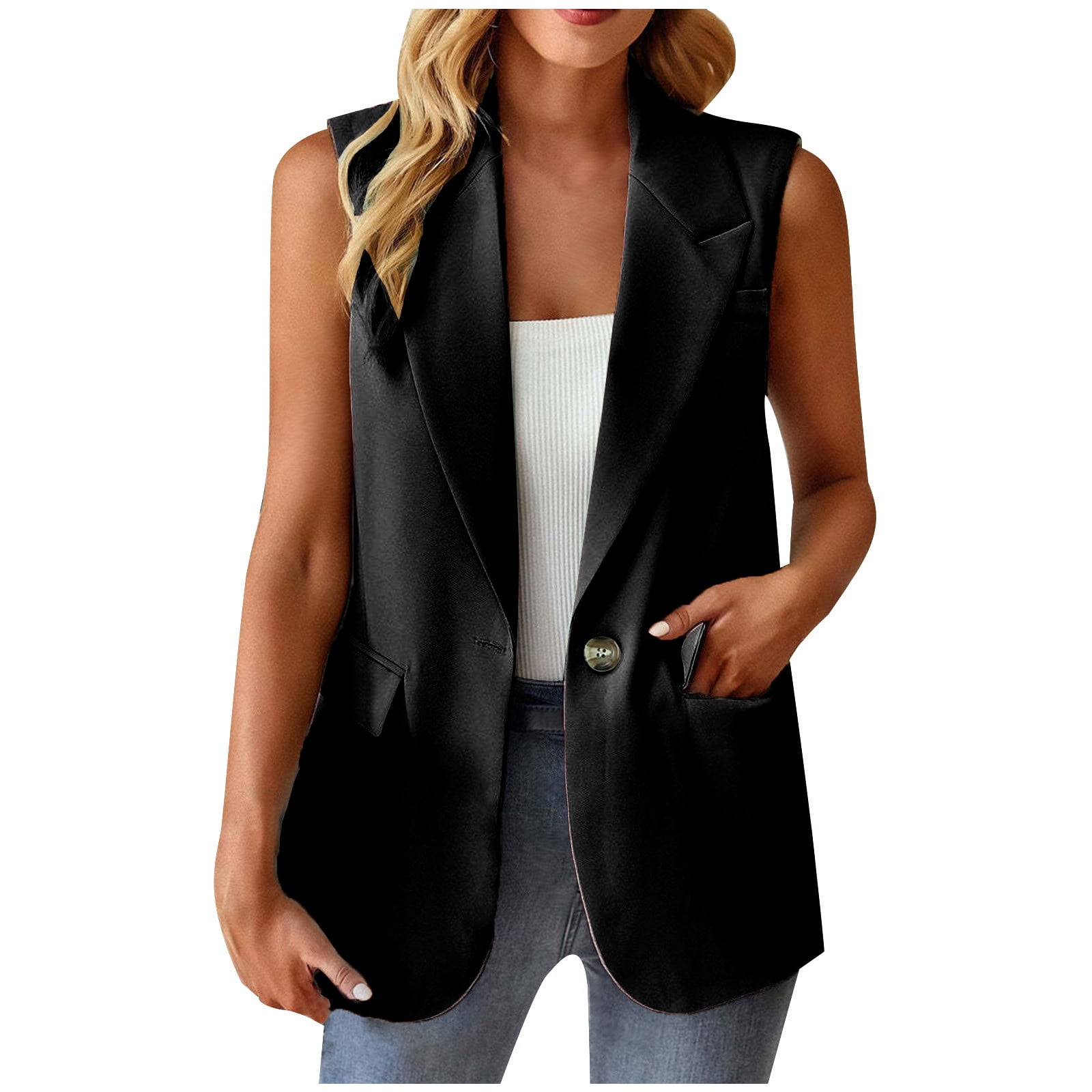 KBODIU Sleeveless Blazer Jackets for Women Casual Lightweight Solid Color Open Front Vest Lapel ...