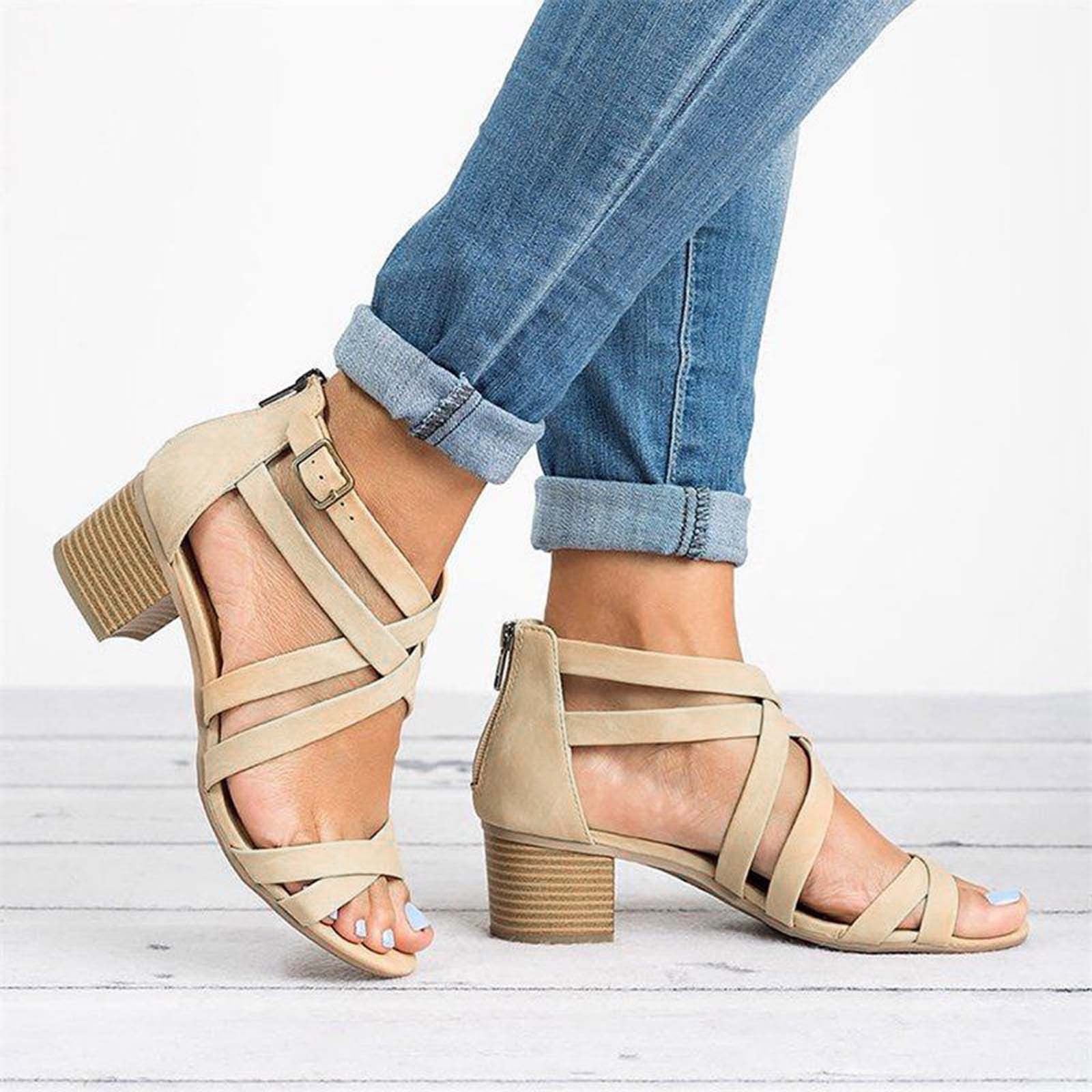 KBODIU Women's Chunk Low Heel Pump Sandals Womens Middle Heels Hollow ...