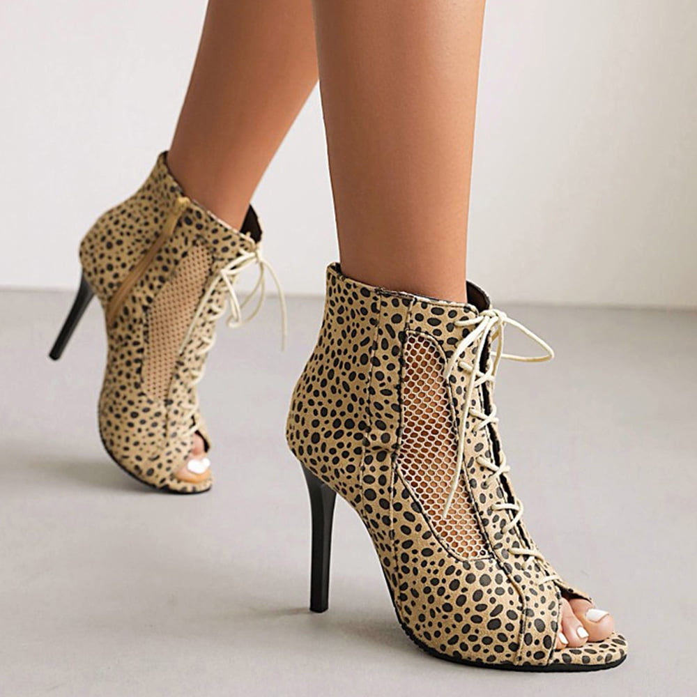 KBODIU Women's Lace Up Heels Open Toe Pump Heel Sandals Leopard Hollow ...