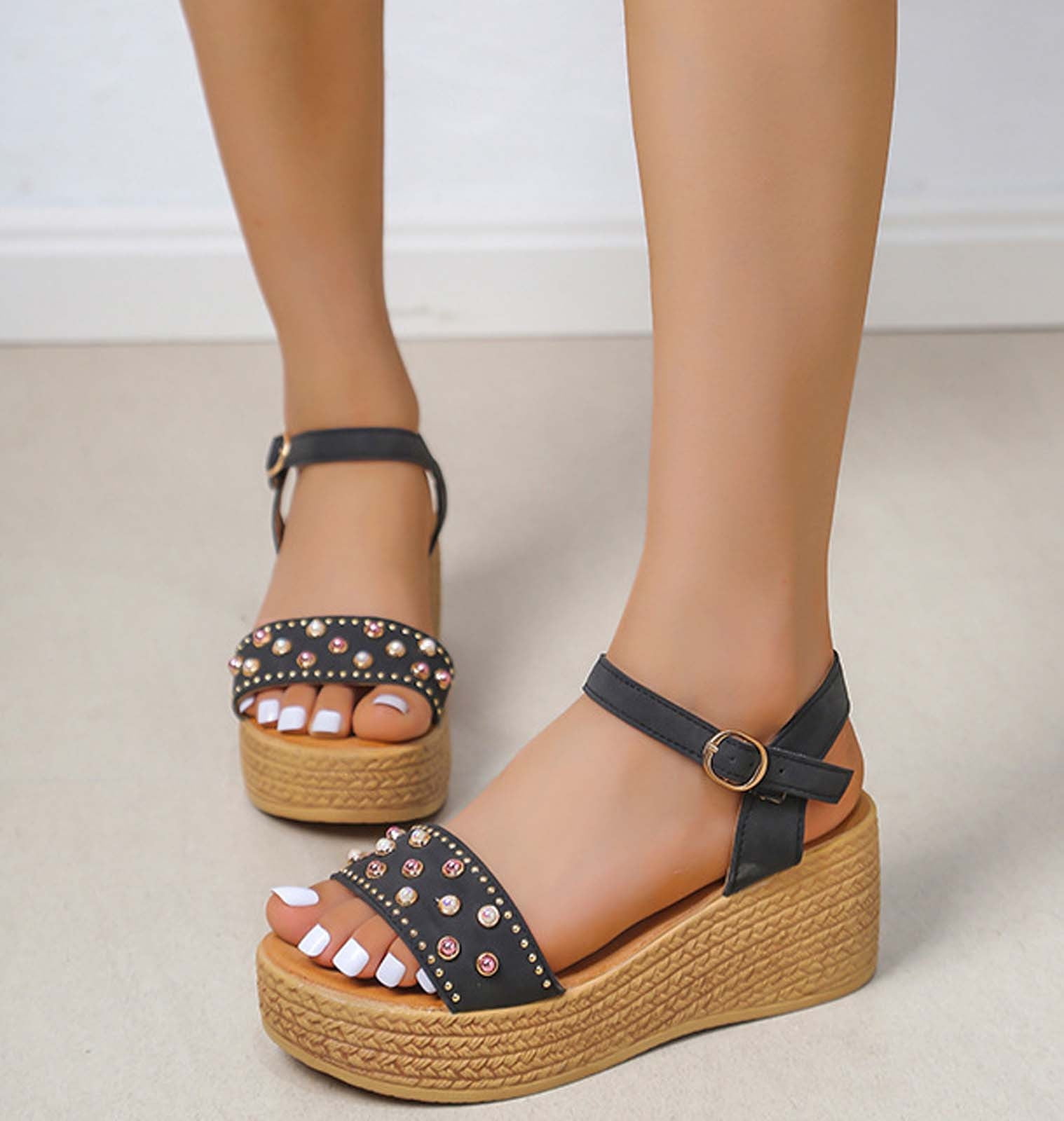 KBODIU Women's Open Toe Buckle Ankle Platform Wedge Sandals Fish Mouth ...