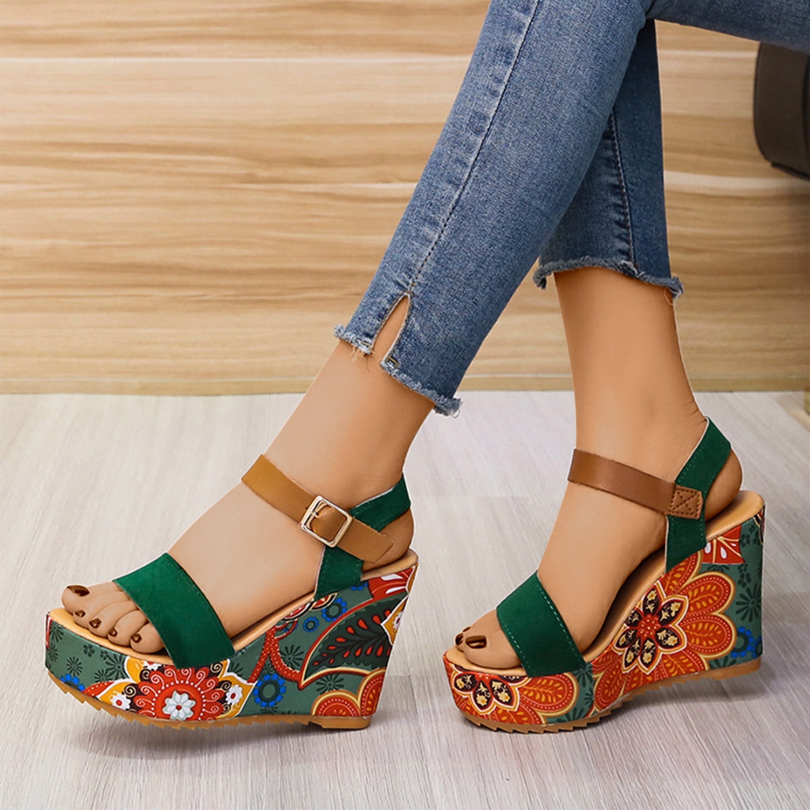 KBODIU Women's Open Toe Buckle Ankle Platform Wedge Sandals Thick Sole ...