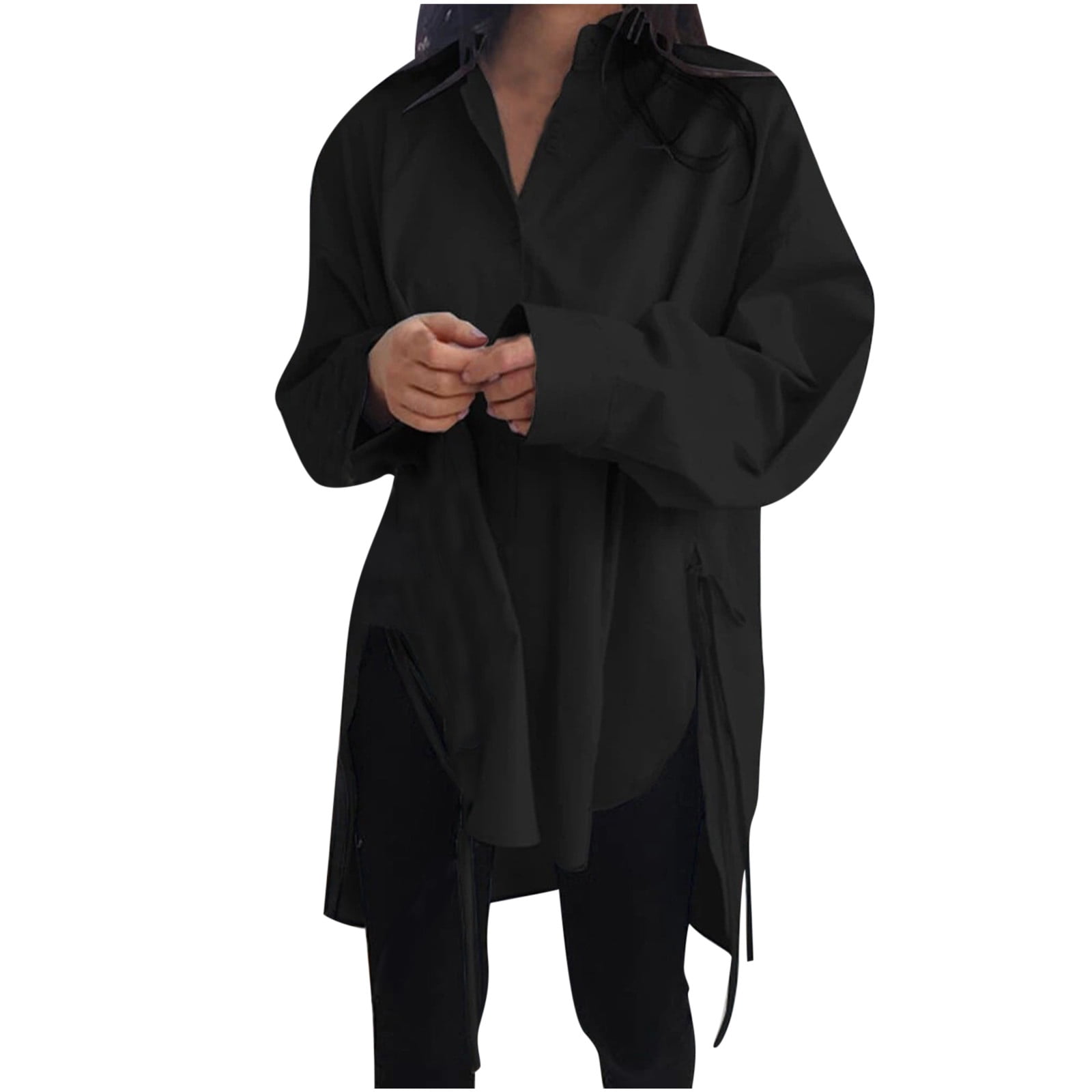 KBODIU Womens Oversized Loose Shirts V-neck Long Sleeve Short Front ...