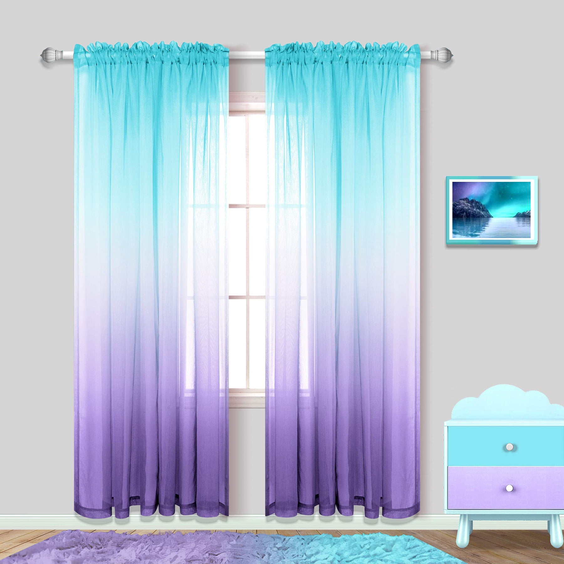 KBOOK 2 Panels Ombre Sheer Curtains Rod Pocket Window Curtains 63 inch Length for Kids Girls ...