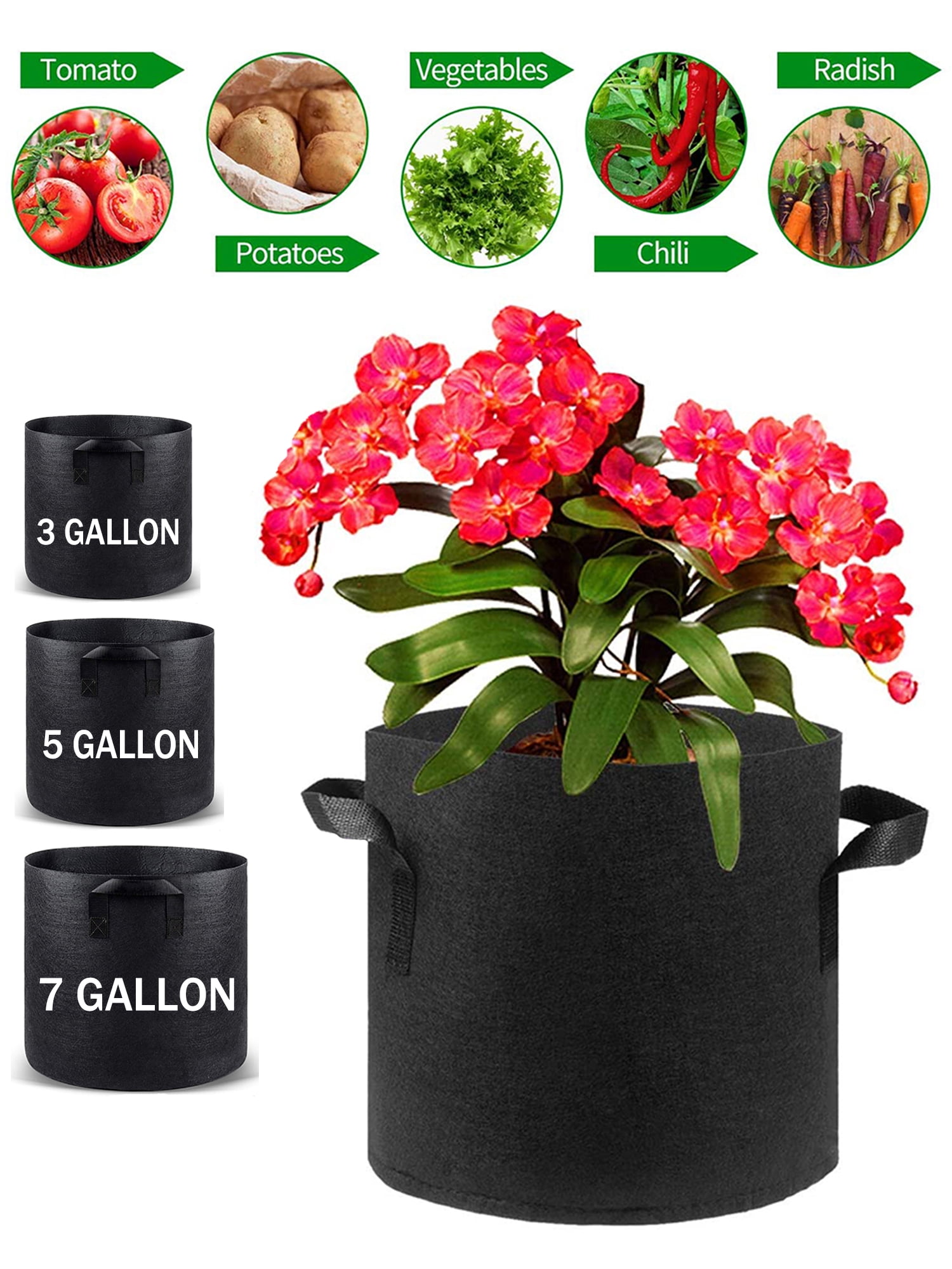 KBOOK 5-Pack 3 Gallon Grow Bags Garden Aeration Planting Pot Container ...