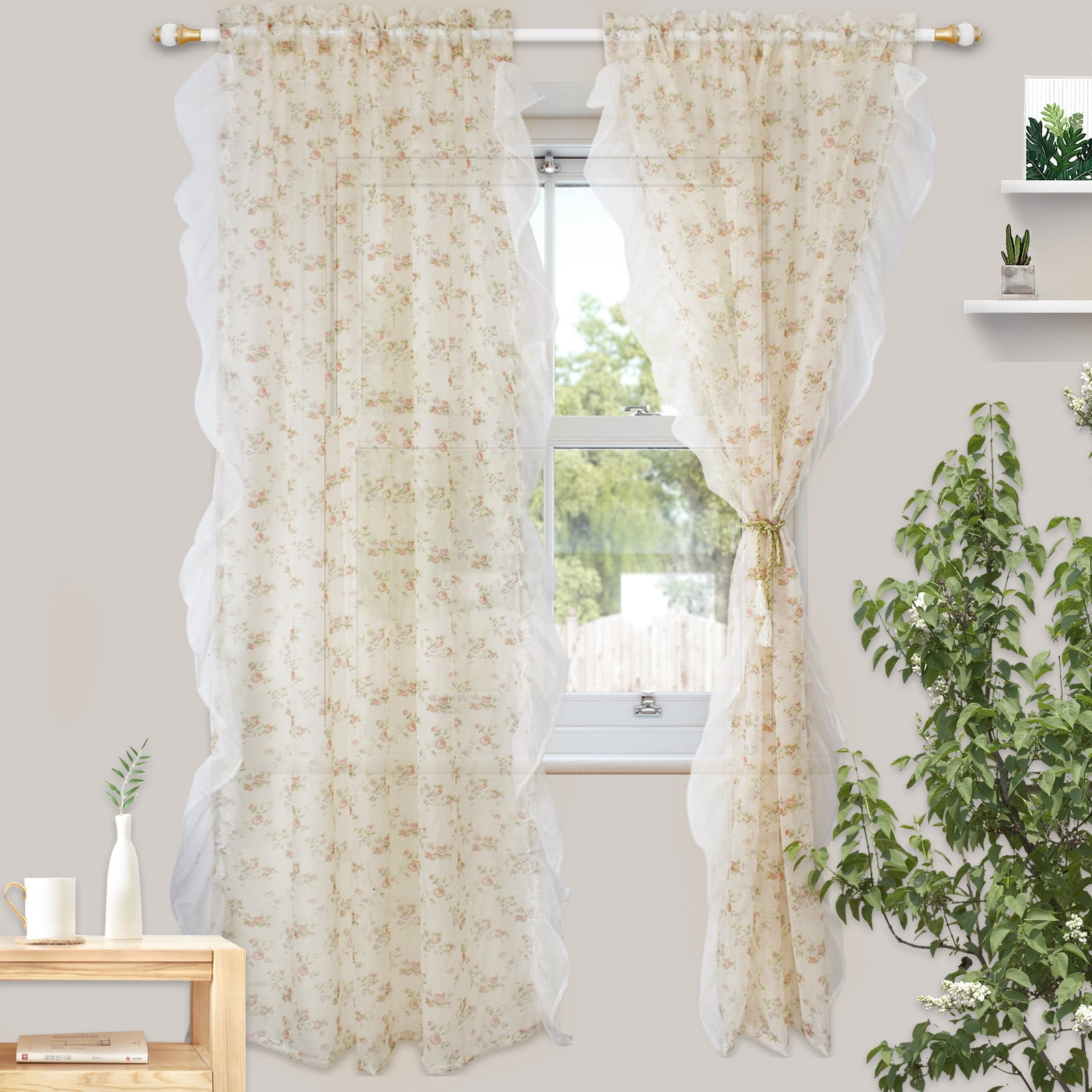 KBOOK Floral Window Sheer Curtain,Rose Gauze Living Room Bedroom Rod ...