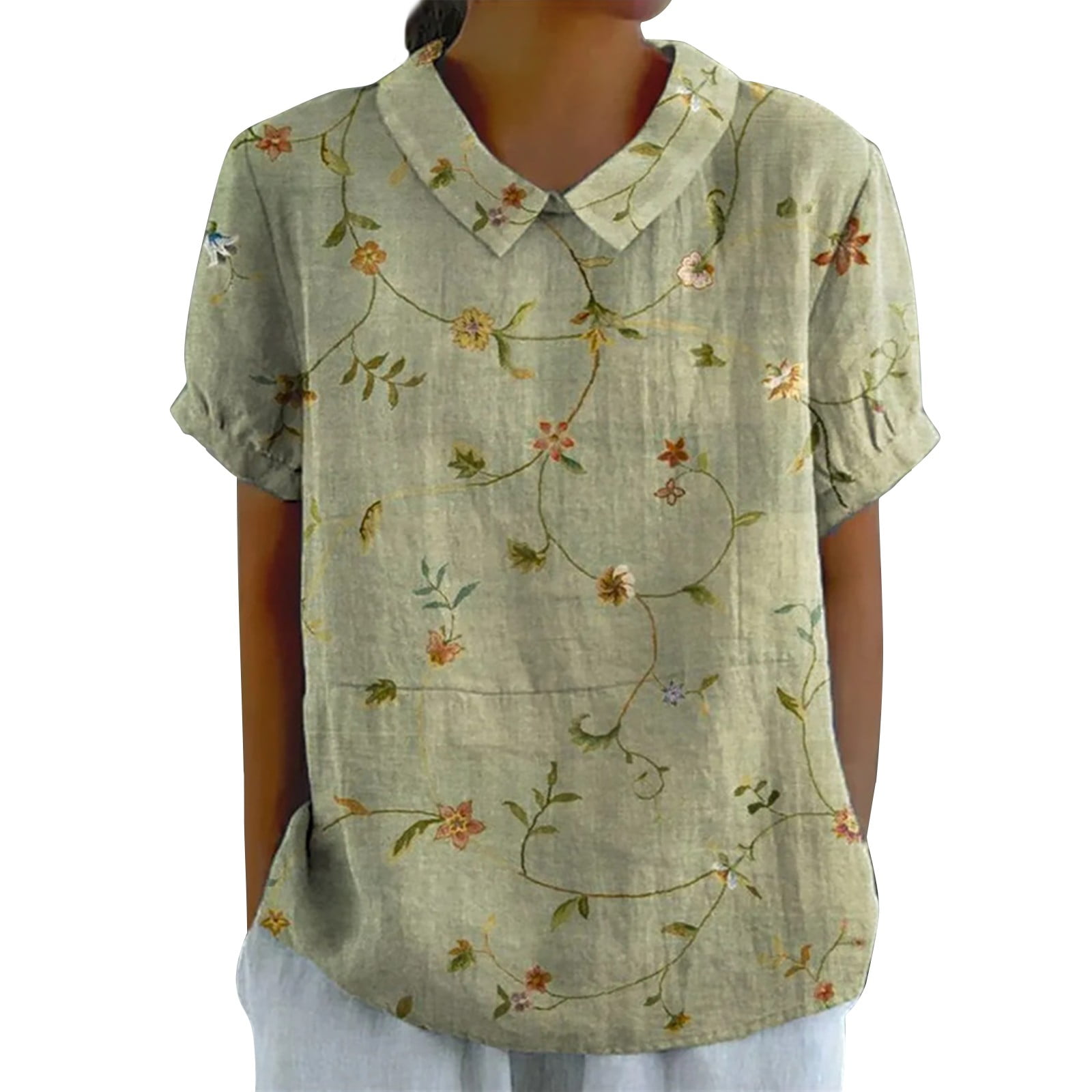 KBZDBZC Spring Tops for Women 2024 Women's Linen Lapel Art Floral Round ...