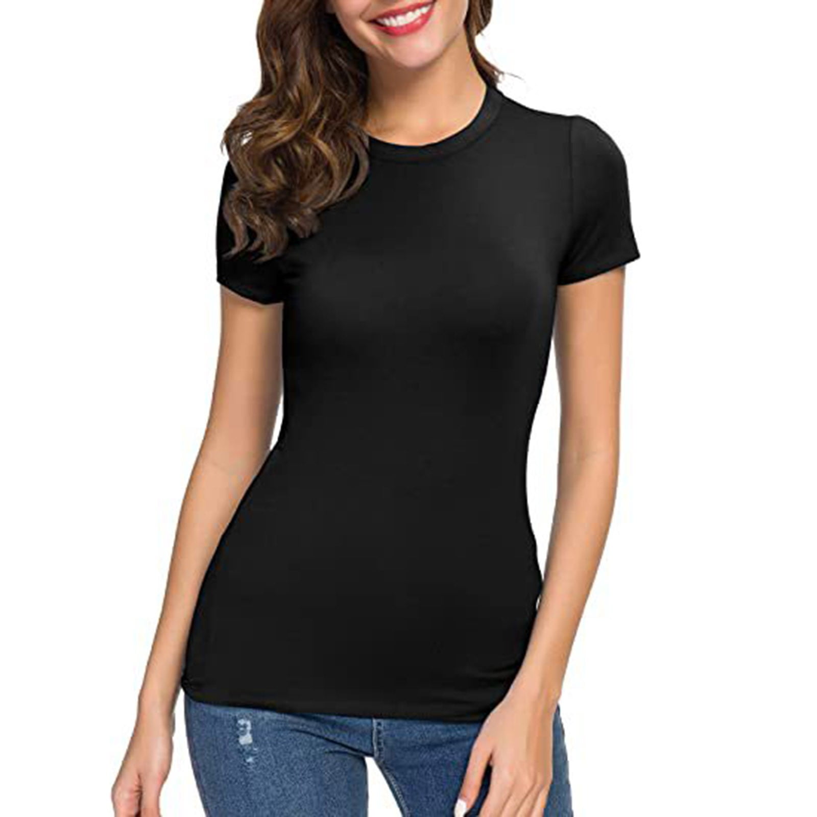 KBZDBZC T Shirts for Women Womens Basic Solid Color Crew Neck Short ...