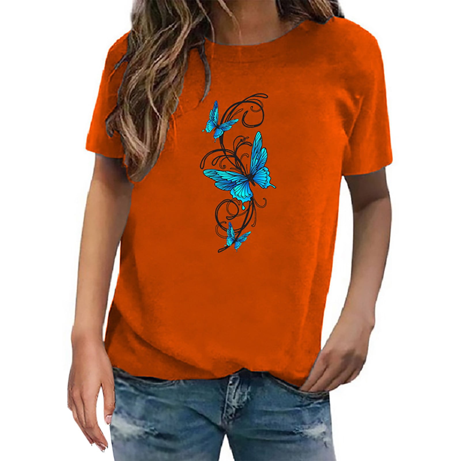 KBZDBZC Womens Blouses Ladies Fashion Trend Butterfly Print Round Neck ...