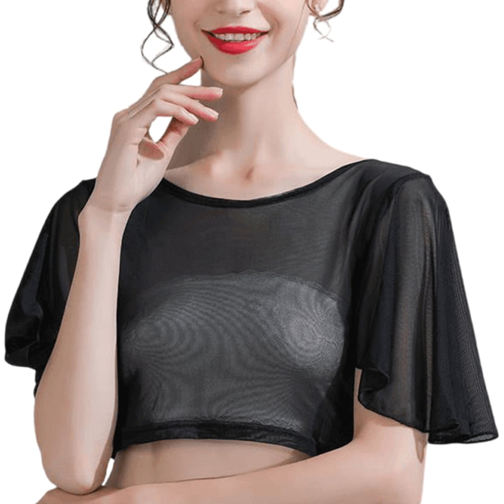 KCAHPAN Lightweight Mesh Crop Top for Women Ruffle Half Sleeve Slim Fit ...