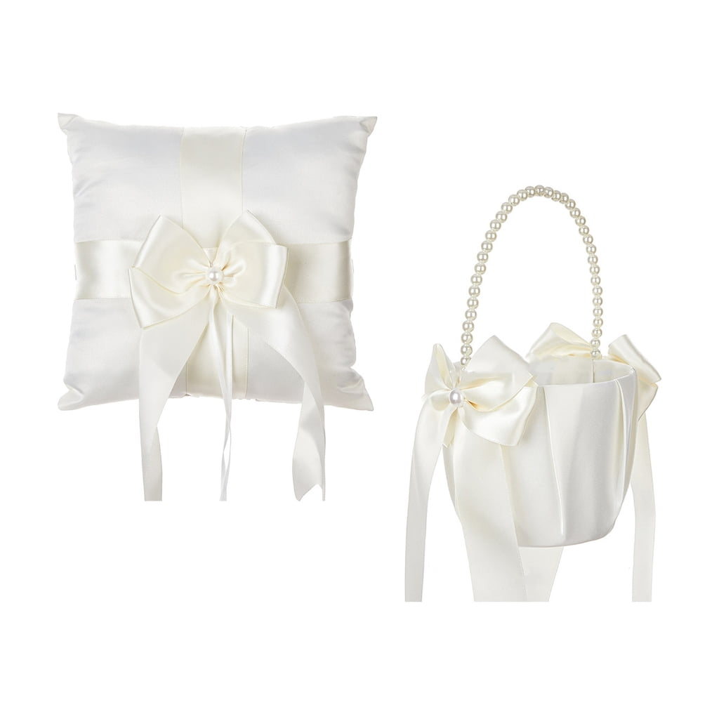 KCAHPAN Wedding Rings Bearer Basket Lace Bows Punnet Pillow Cushion ...