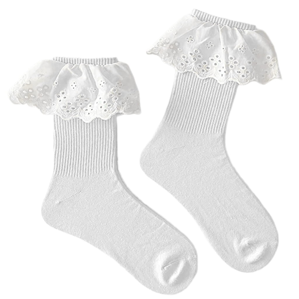 KCAHPAN Women Korean Sweet Ruffle Lace Trimmed Candy Color Crew Socks ...